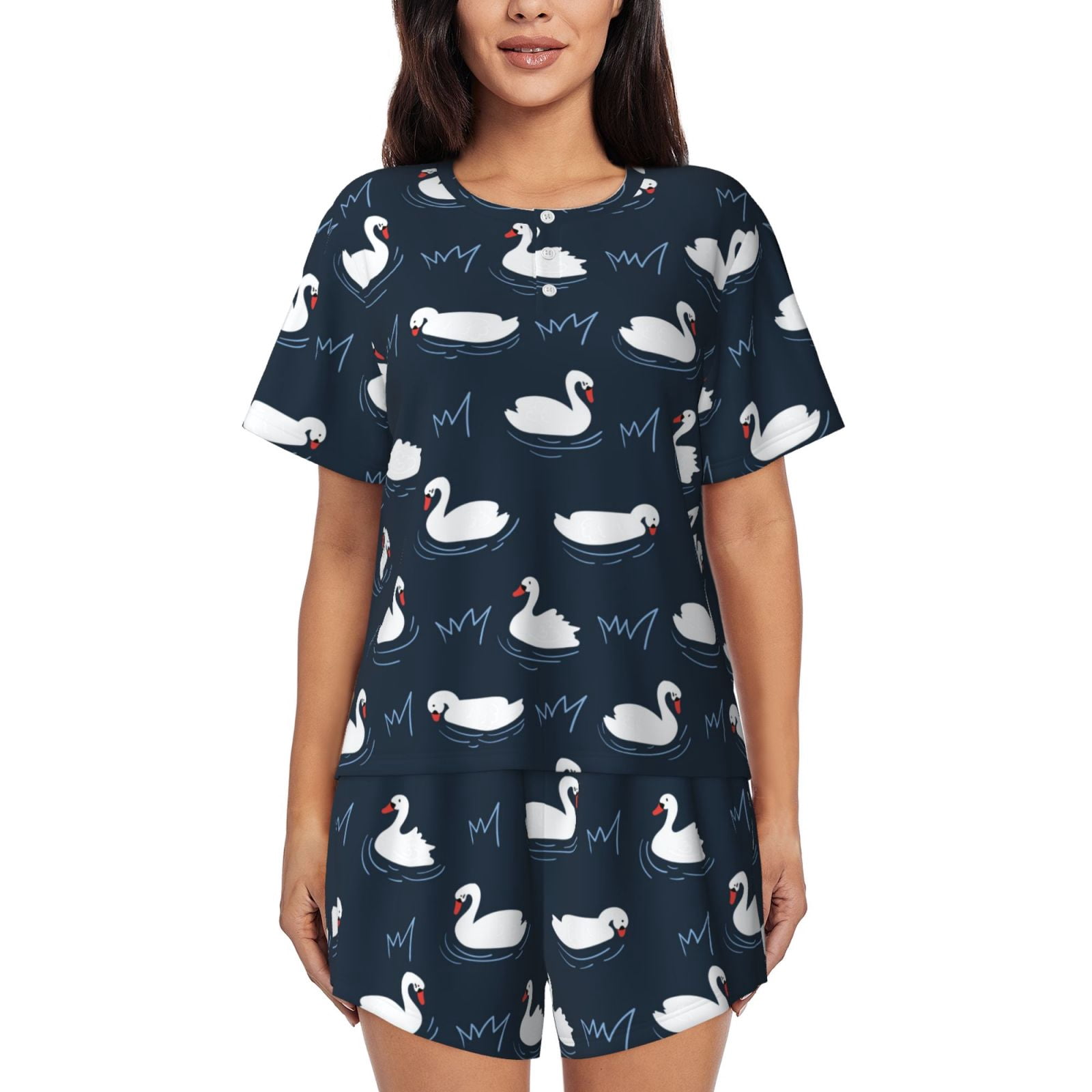 Picia Cartoon Swan Pajamas Sets for Women Soft Short-Sleeved Pjs with ...