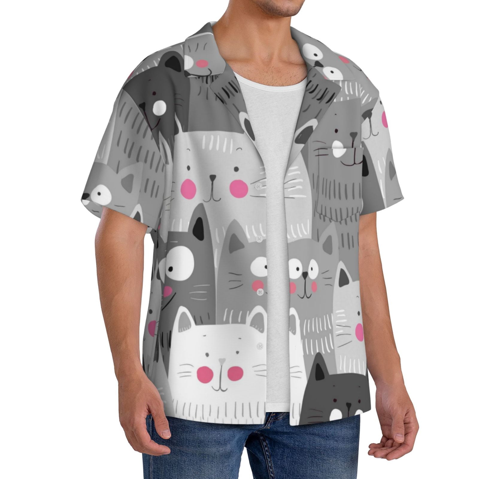 Picia Cats Group Men's Linen Shirts Short Sleeve Cuban Beach Shirts ...