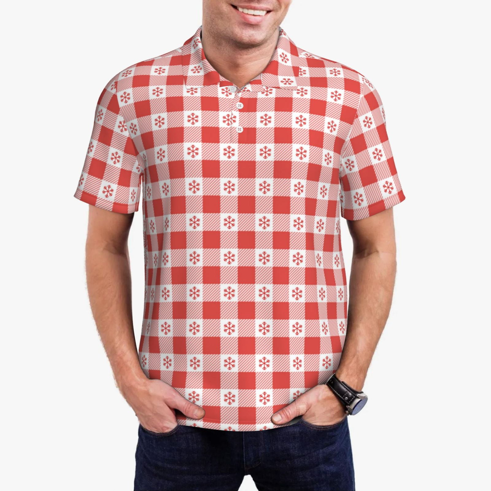 Picia Checkered Christmas With Snowflakes Print Men's Polo Shirt, Two ...