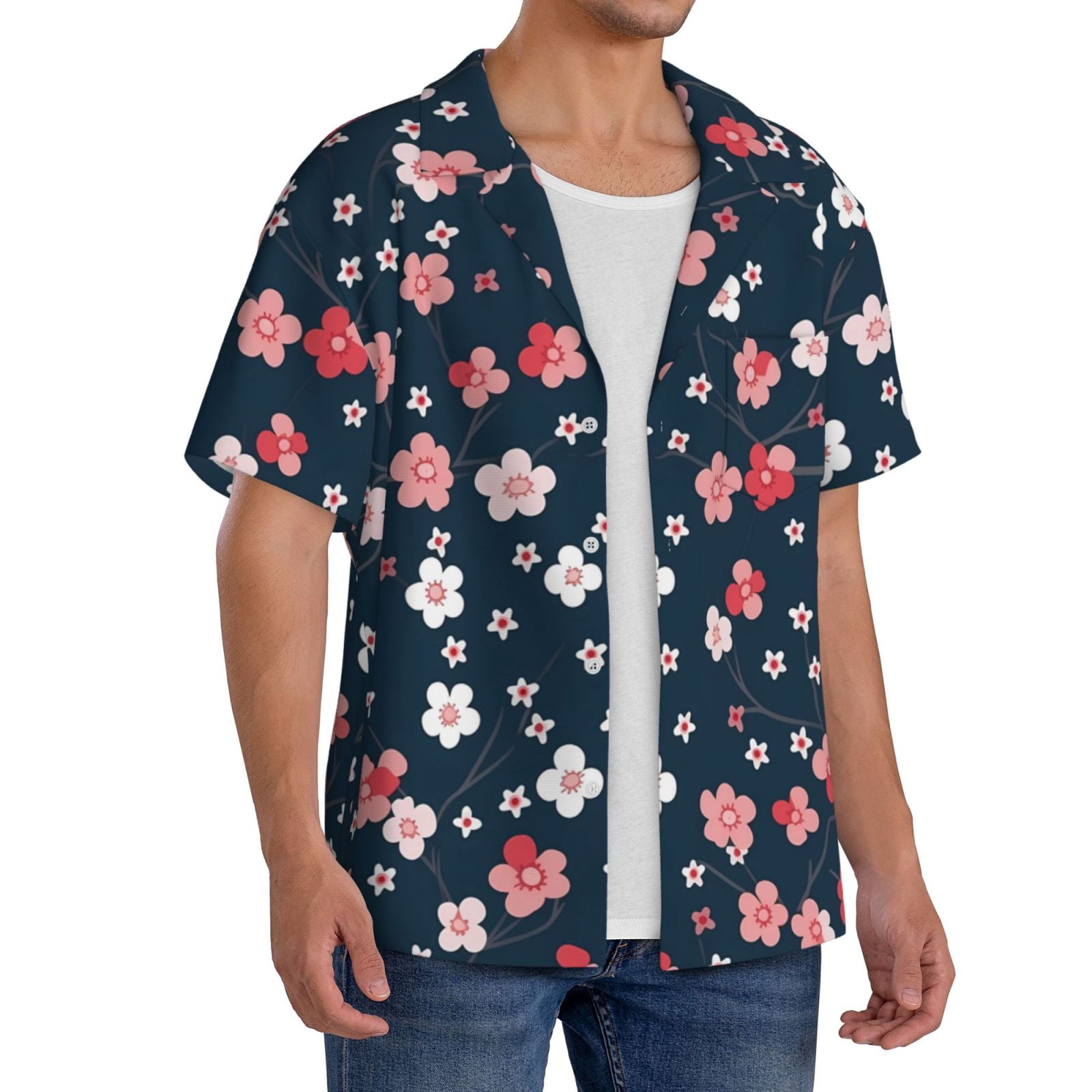 Picia Cherry Blossoms Men's Linen Shirts Short Sleeve Cuban Beach ...