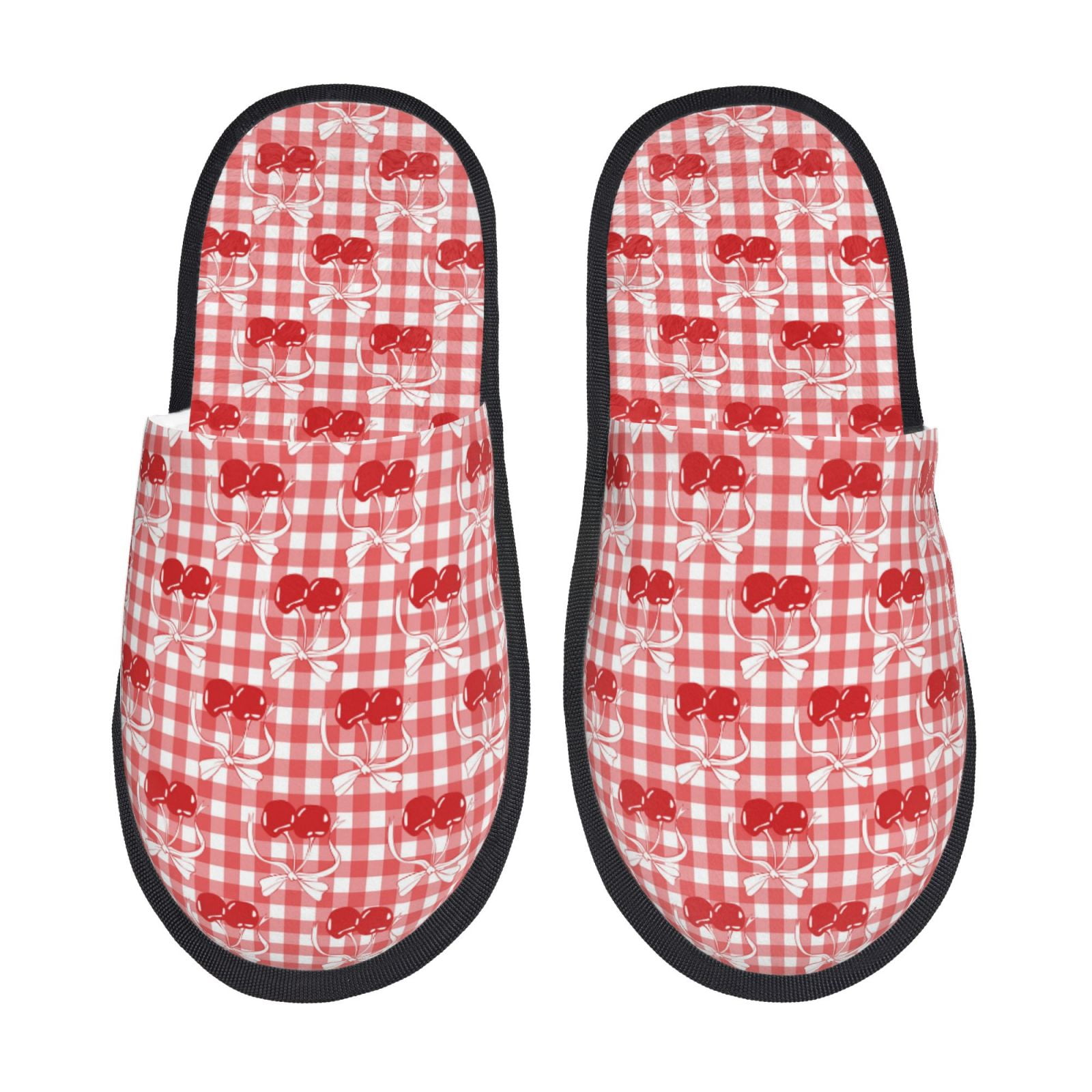 Picia Cherry Bow Print Women's Fuzzy Fluffy House Slippers Plush Memory ...