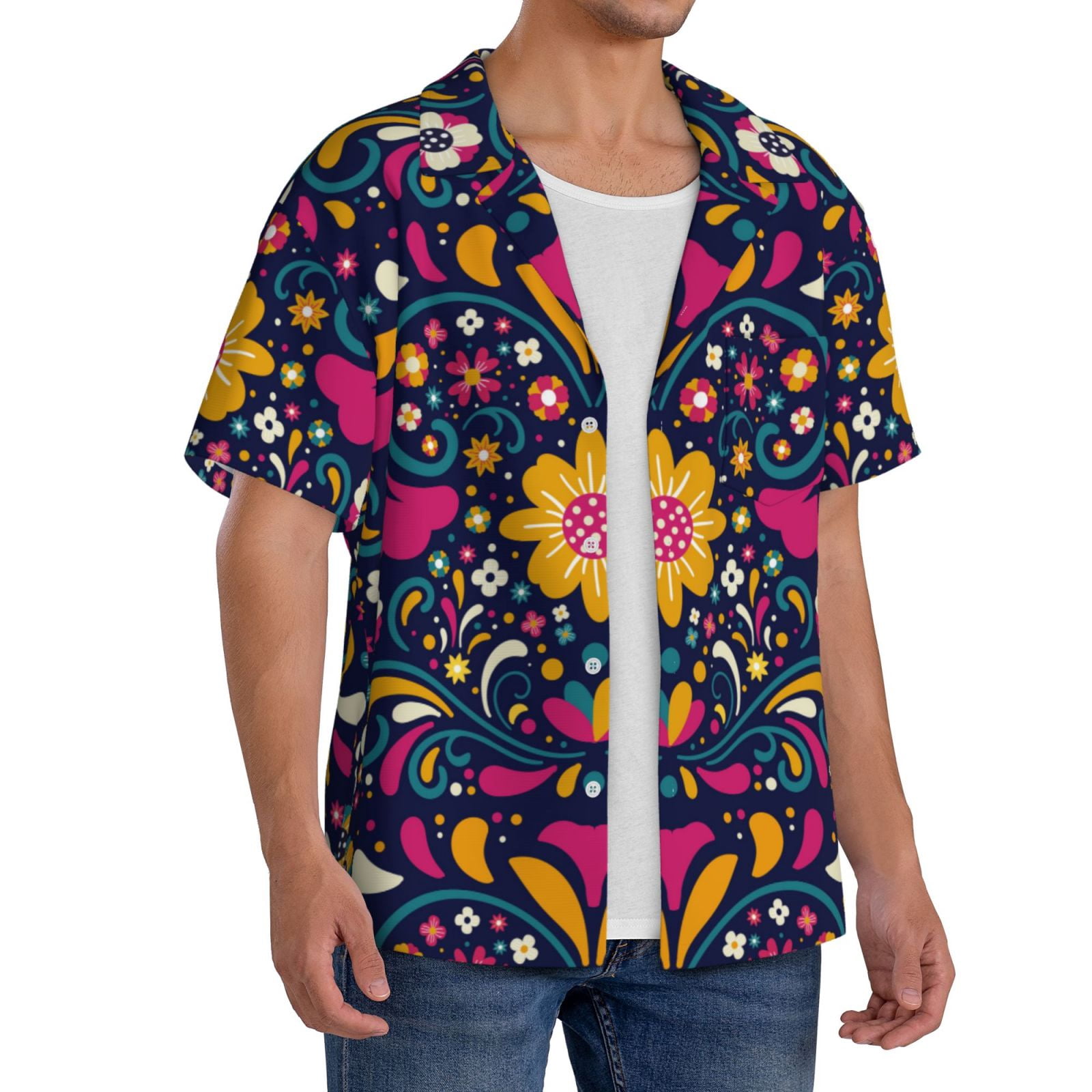 Picia Cinco De Mayo Floral Men's Linen Shirts Short Sleeve Cuban Beach ...