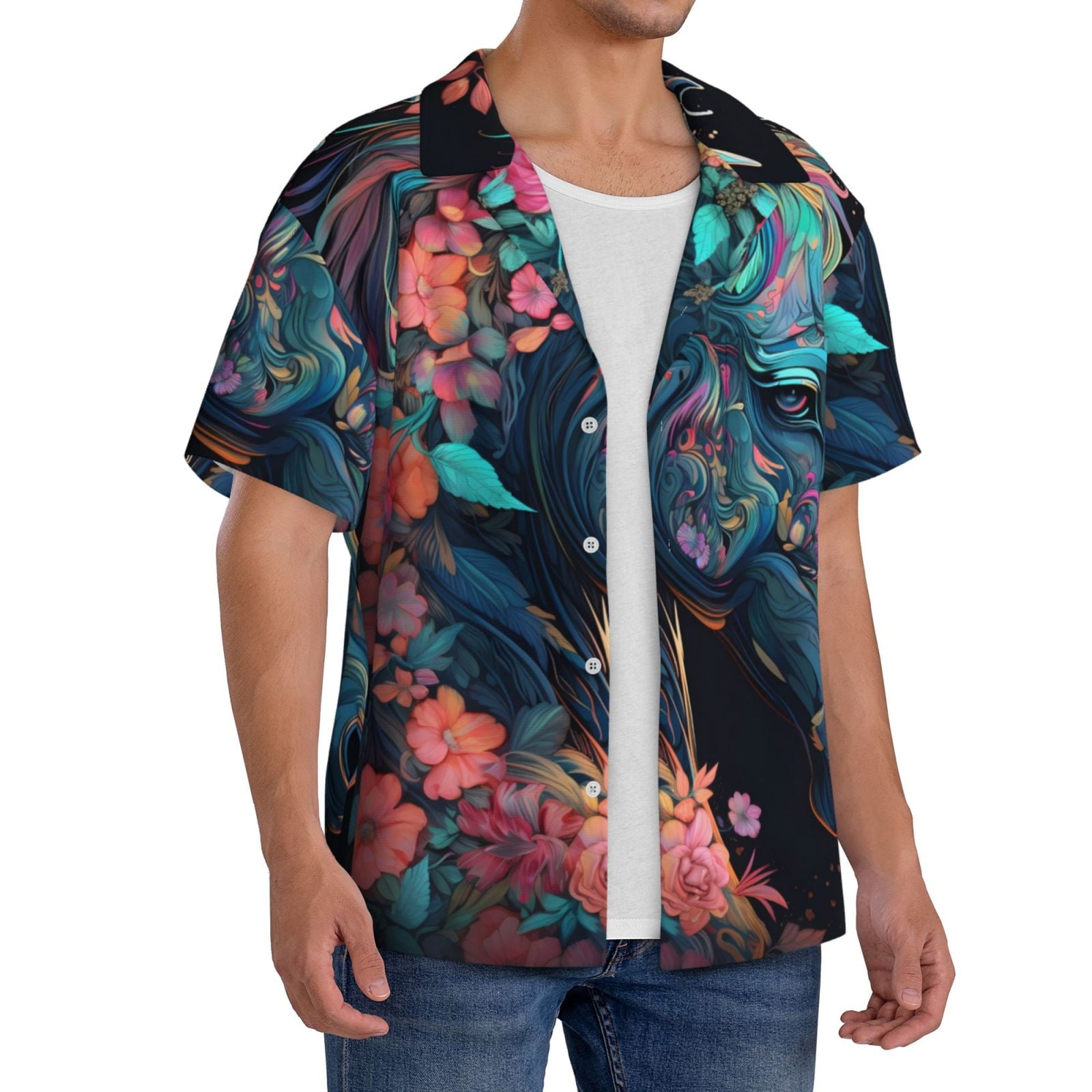 Picia Colorful Floral Patterned Horse Men's Linen Shirts Short Sleeve ...