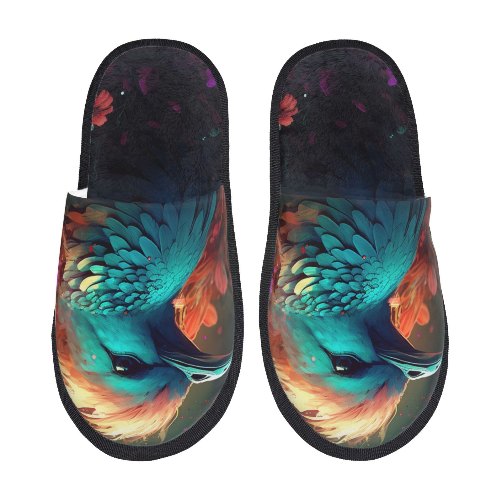 Picia Colorful Flower Bird Print Women's Fuzzy Fluffy House Slippers ...