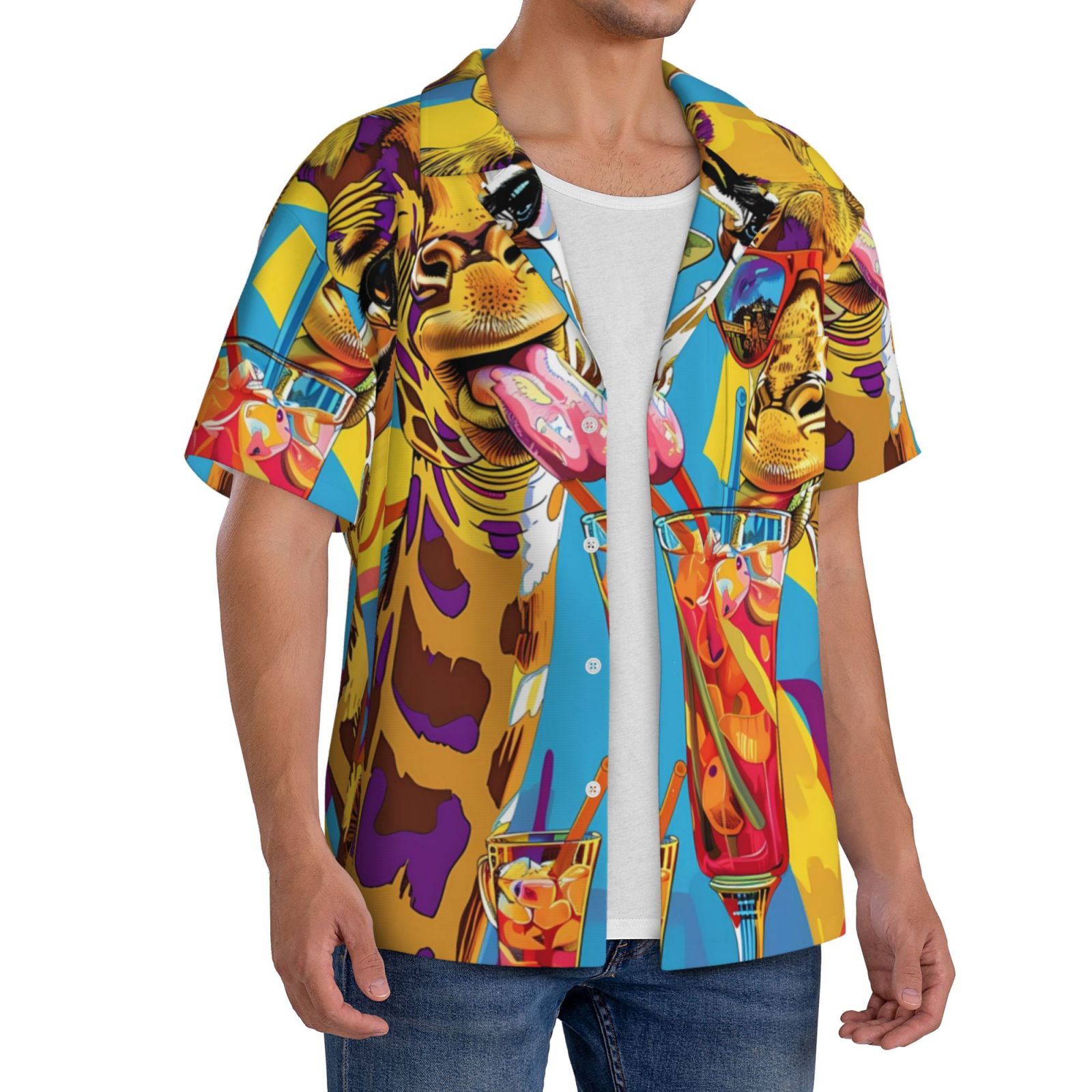 Picia Colorful Giraffes with Drinks Men's Linen Shirts Short Sleeve ...
