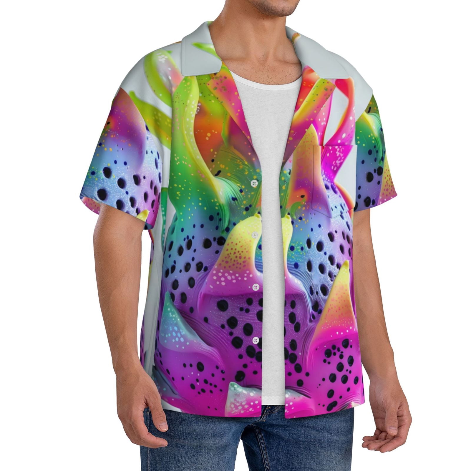 Picia Colorful Glitter Dagon Fruit Men's Linen Shirts Short Sleeve ...