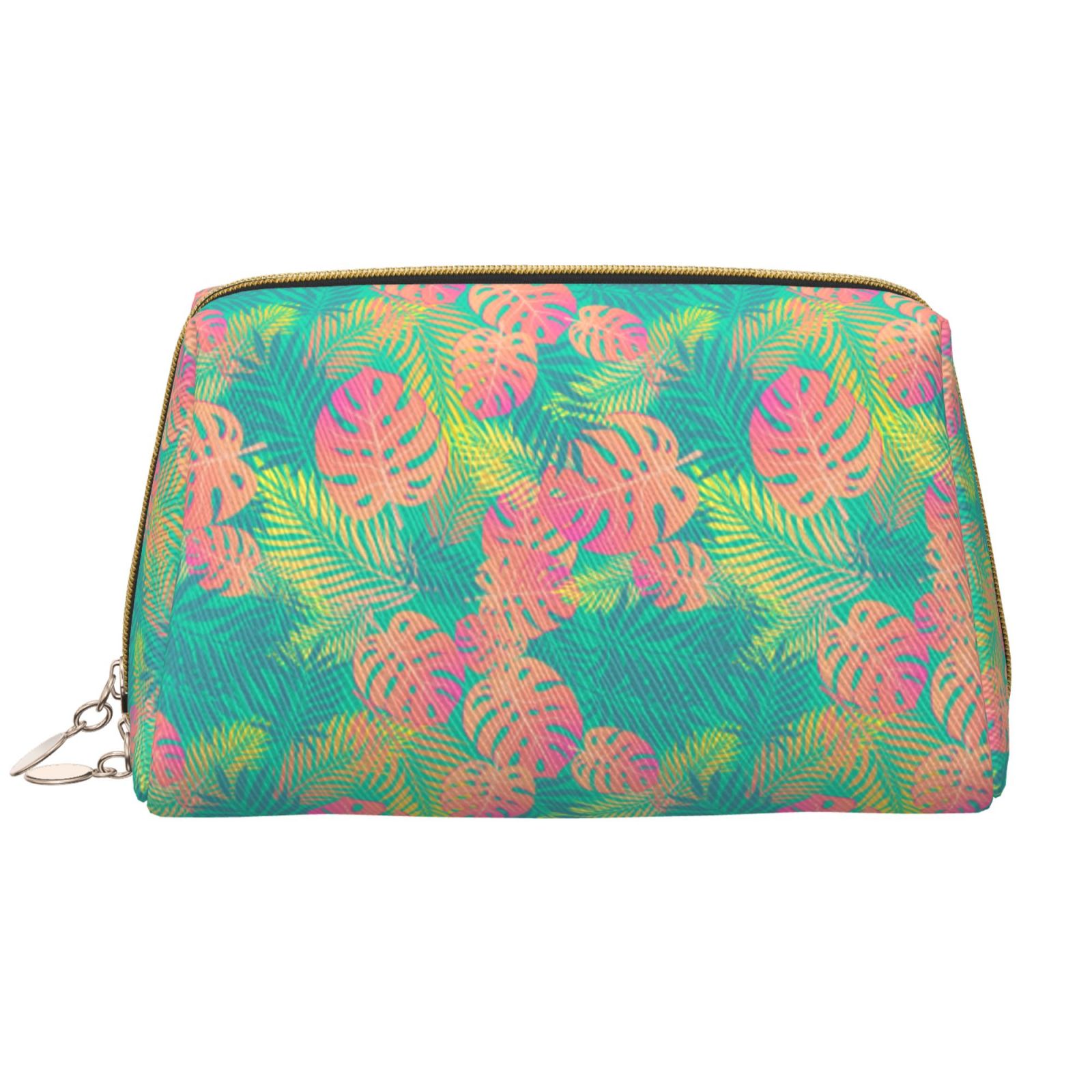 Picia Colorful Palm Leaves Print Leather Makeup Bag Make Up Bag Travel ...