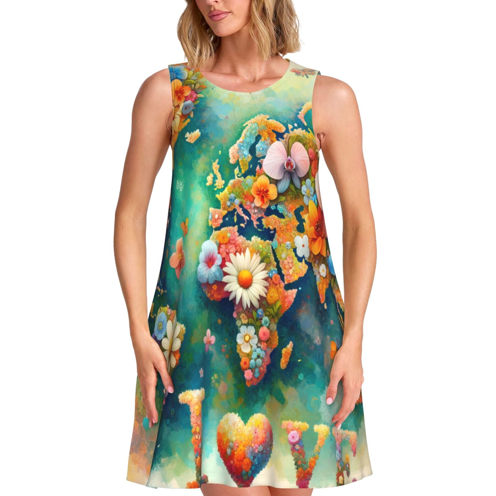 Picia Colorful World Map Print Women’s Sleeveless Midi Swing Dress – A ...