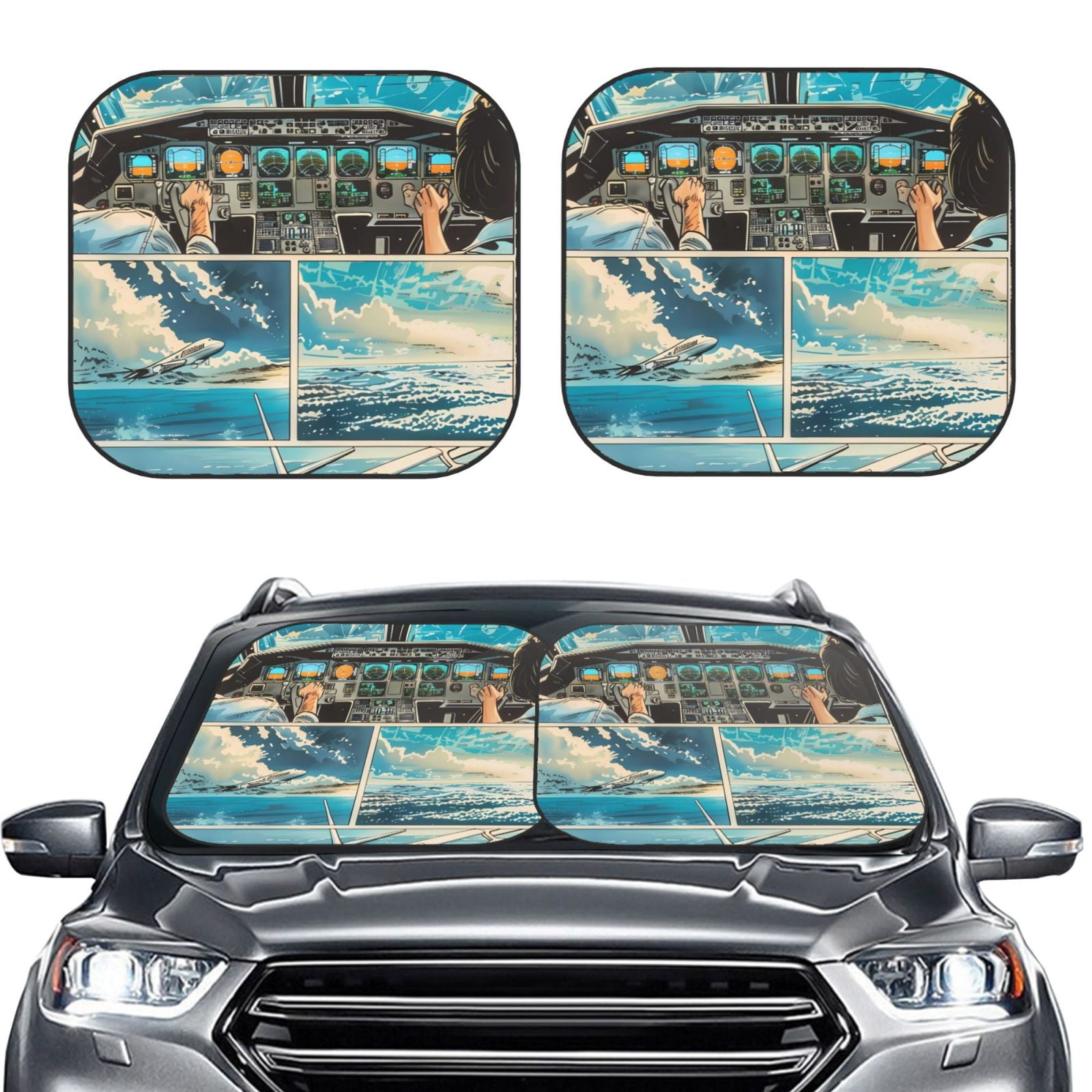Picia Comic Airplane Cockpit Illustration 2 Piece Car Windshield Sun ...