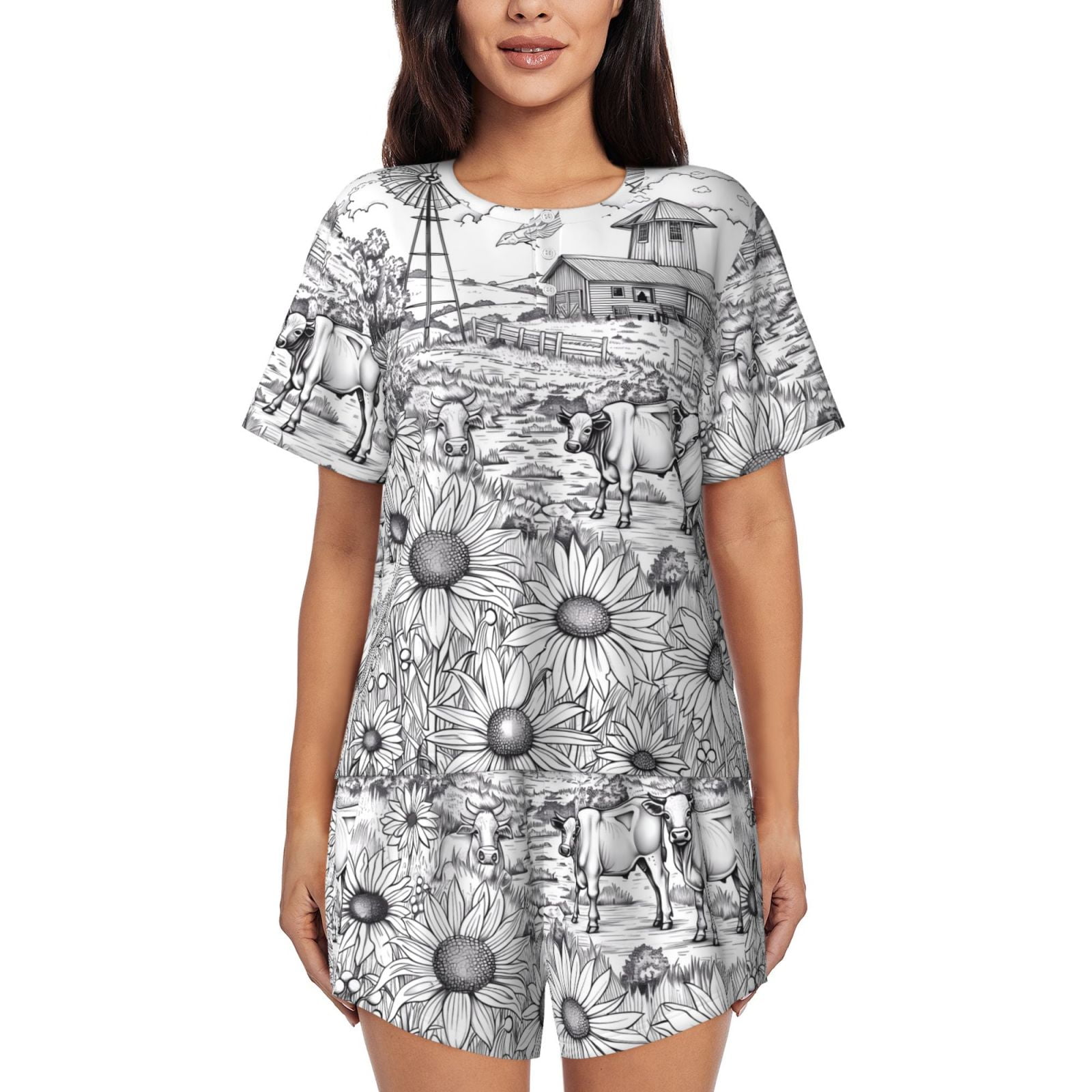Picia Country Farm Scene Pajamas Sets for Women Soft Short-Sleeved Pjs ...