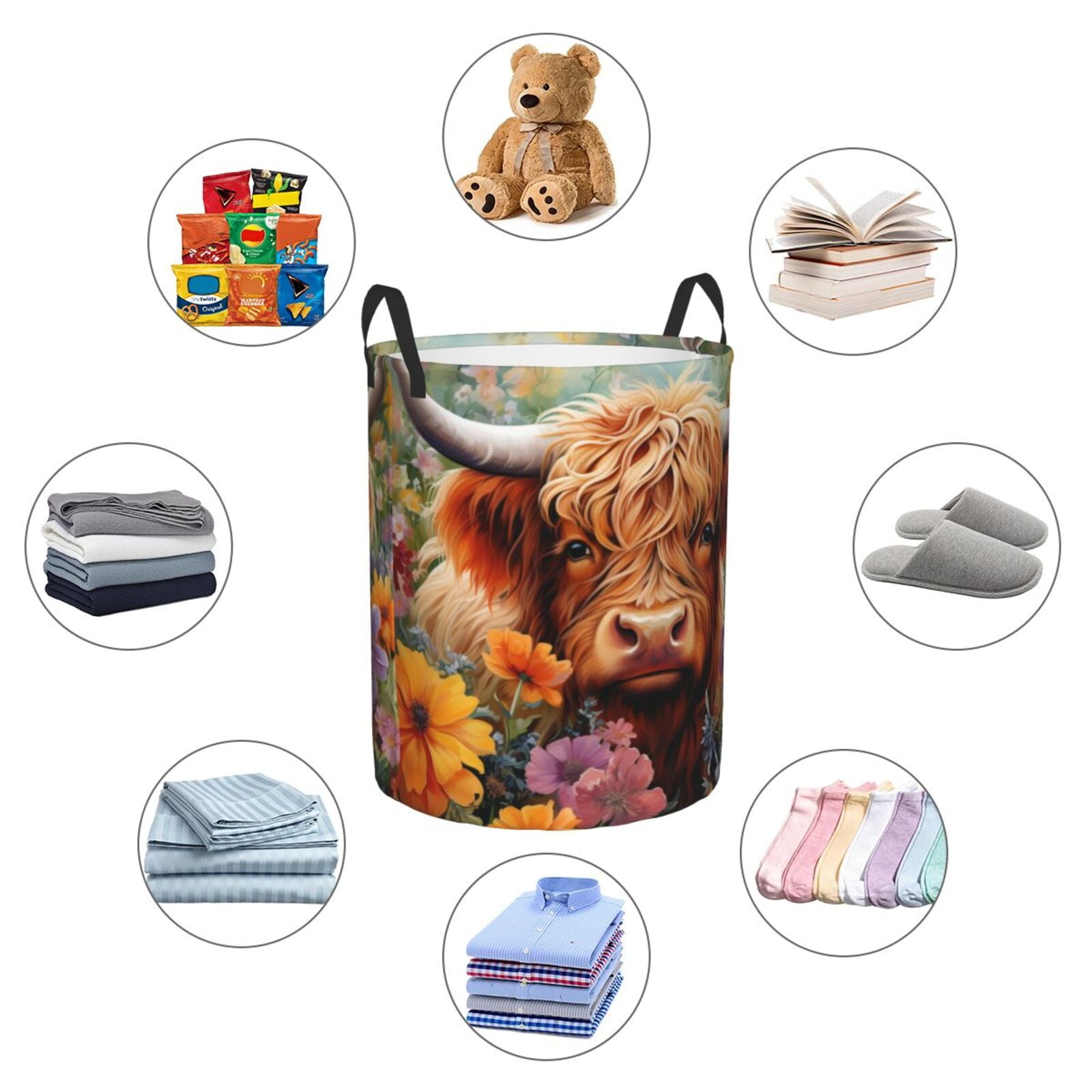 Picia Countryside Colorful Floral Cow Large Laundry Basket, Waterproof ...