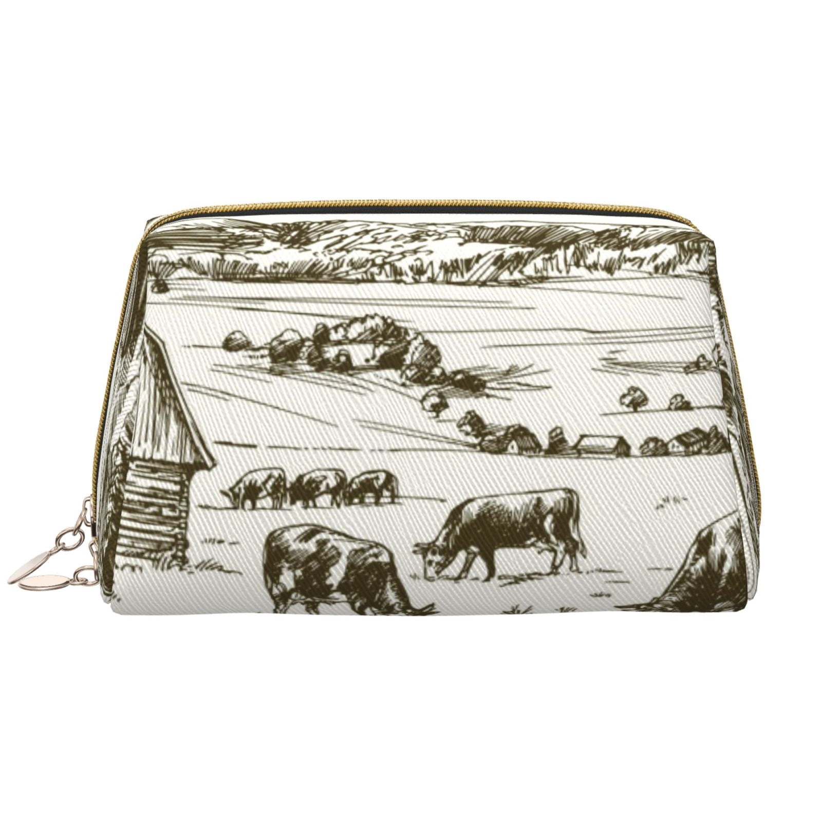 Picia Cows Grazing On The Meadow 1 Print Leather Makeup Bag Make Up Bag ...