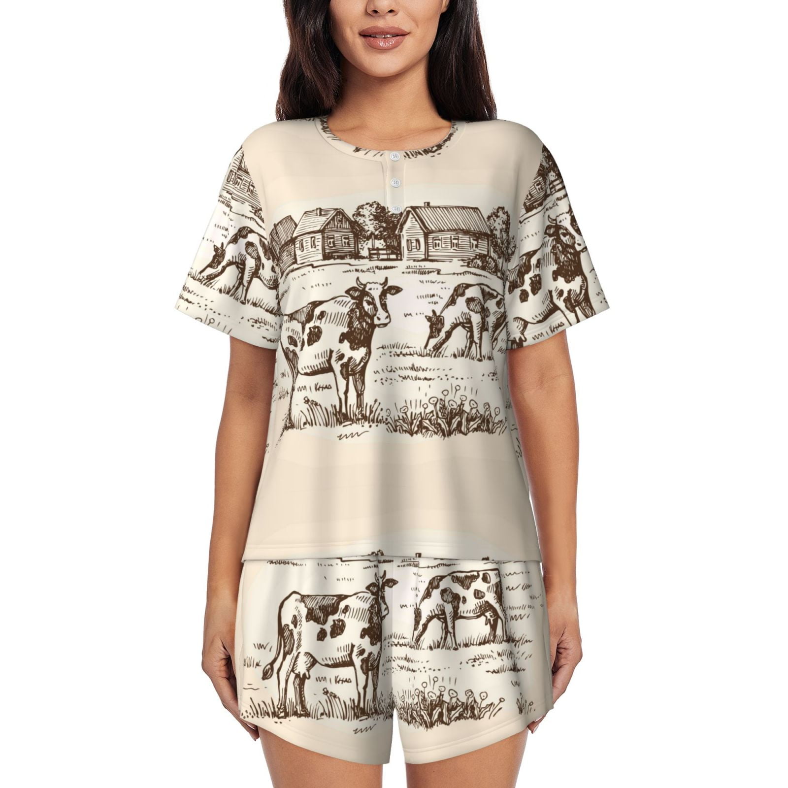 Picia Cows On The Farm Pajamas Sets for Women Soft Short-Sleeved Pjs ...