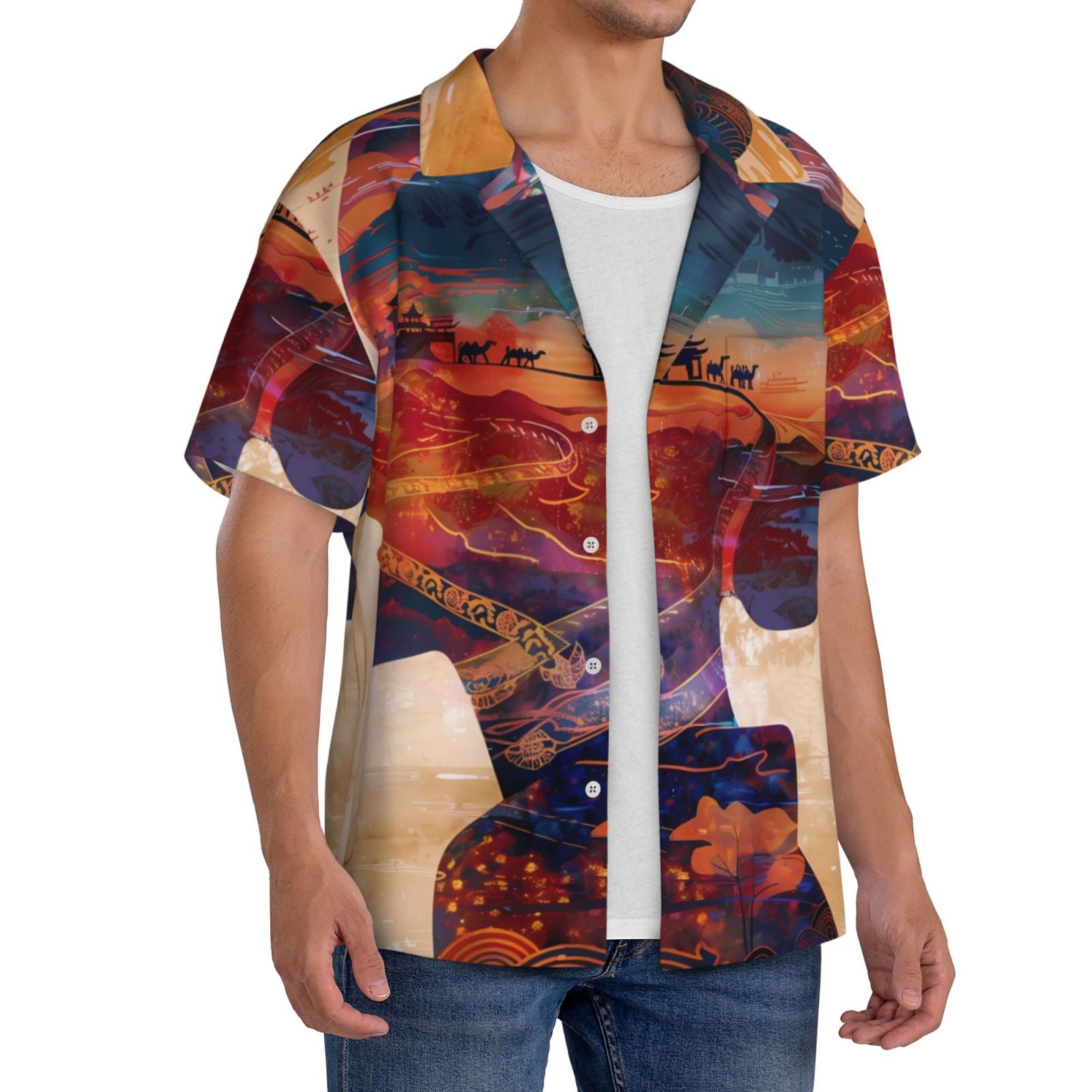 Picia Cultural Silhouette Journey Men's Linen Shirts Short Sleeve Cuban ...