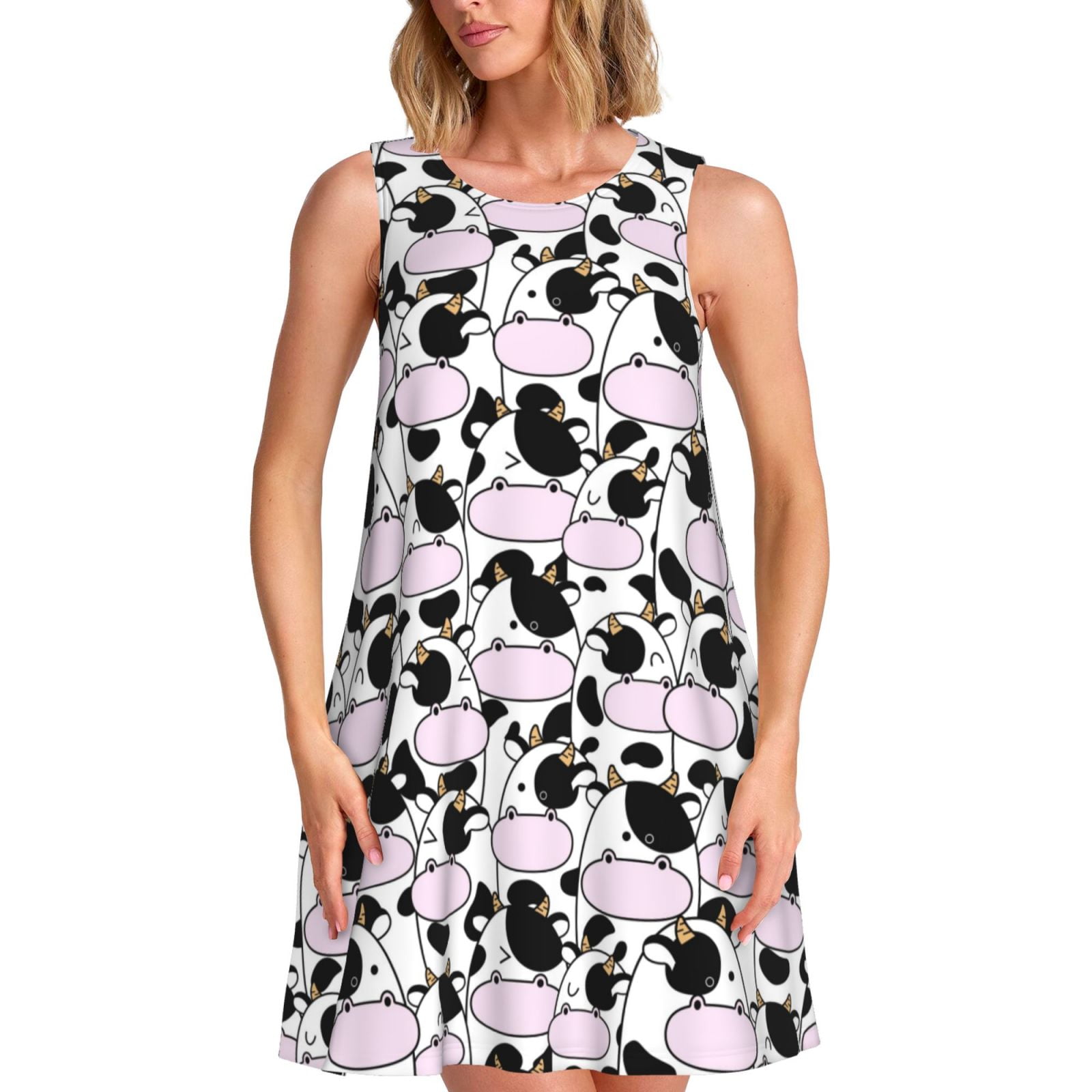 Picia Cute Animal with Cow Print Women’s Sleeveless Midi Swing Dress ...