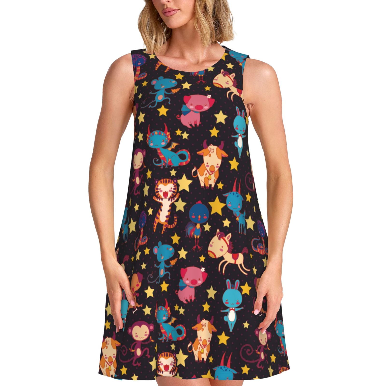 Picia Cute Animals Print Women’s Sleeveless Midi Swing Dress – A-Line ...