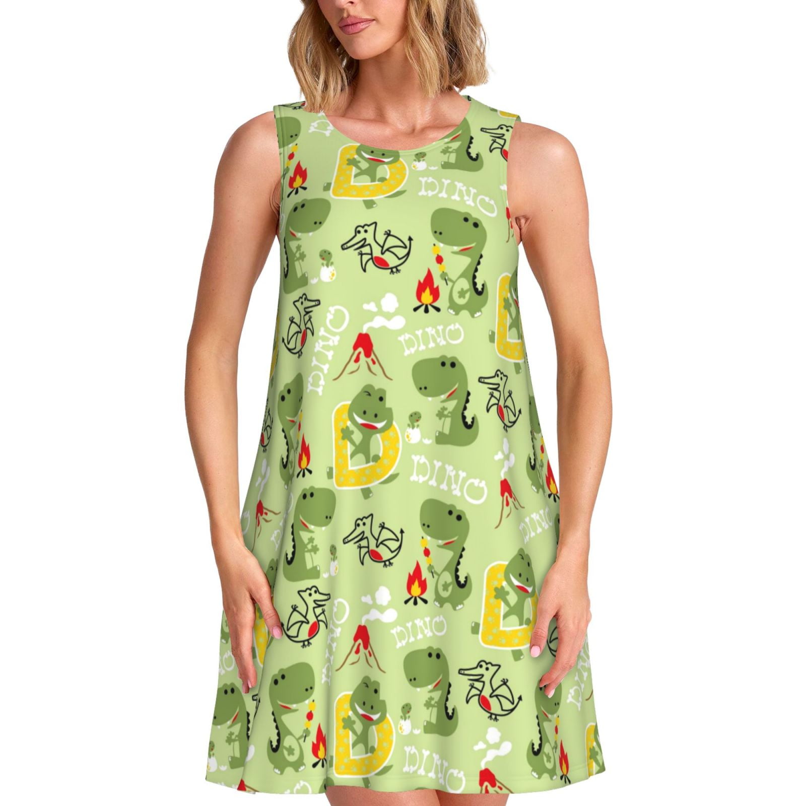 Picia Cute Dinosaurs Cartoon Print Women’s Sleeveless Midi Swing Dress ...