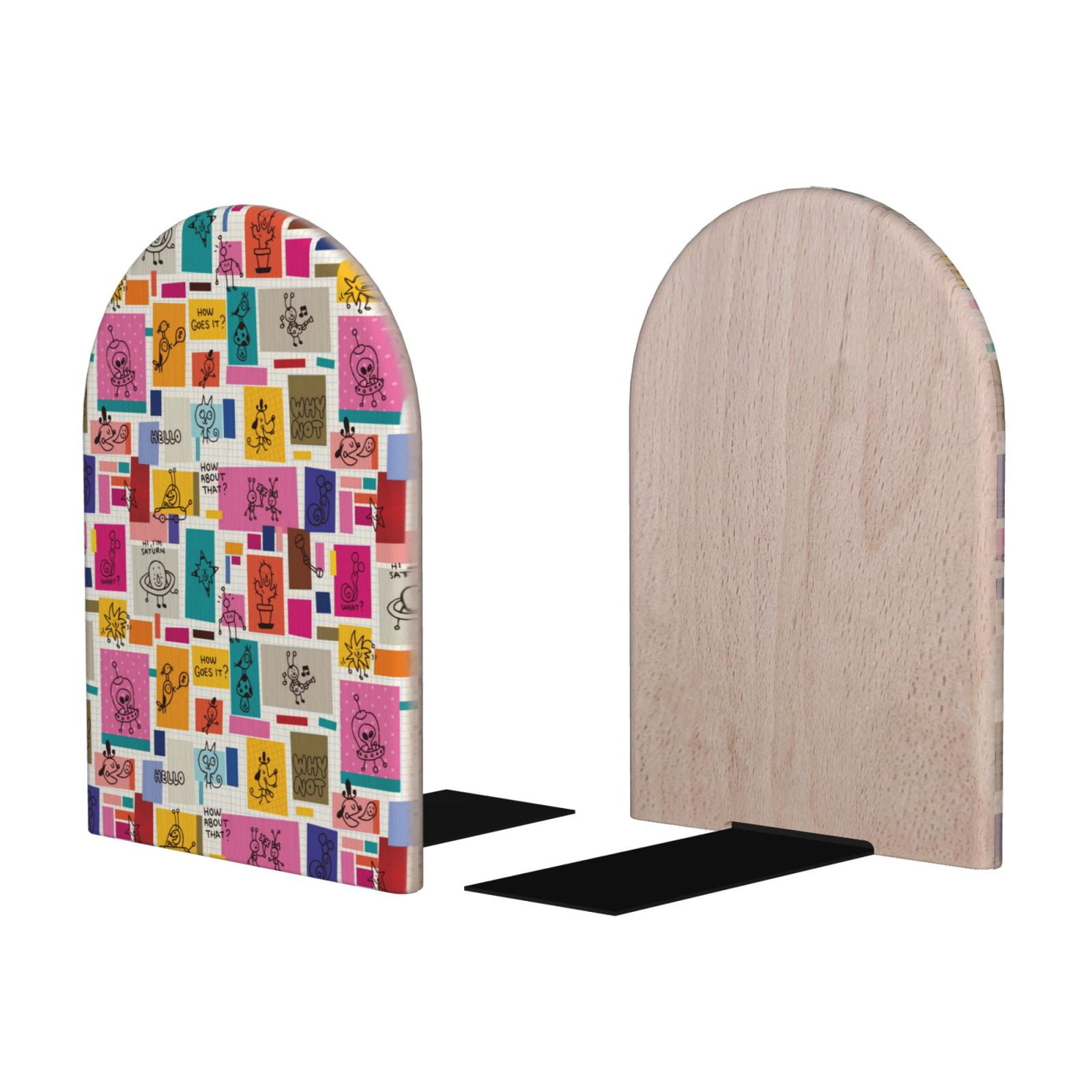 Picia Cute Doodles Pattern Wood Bookends for Shelves,Non-slip Bookends ...