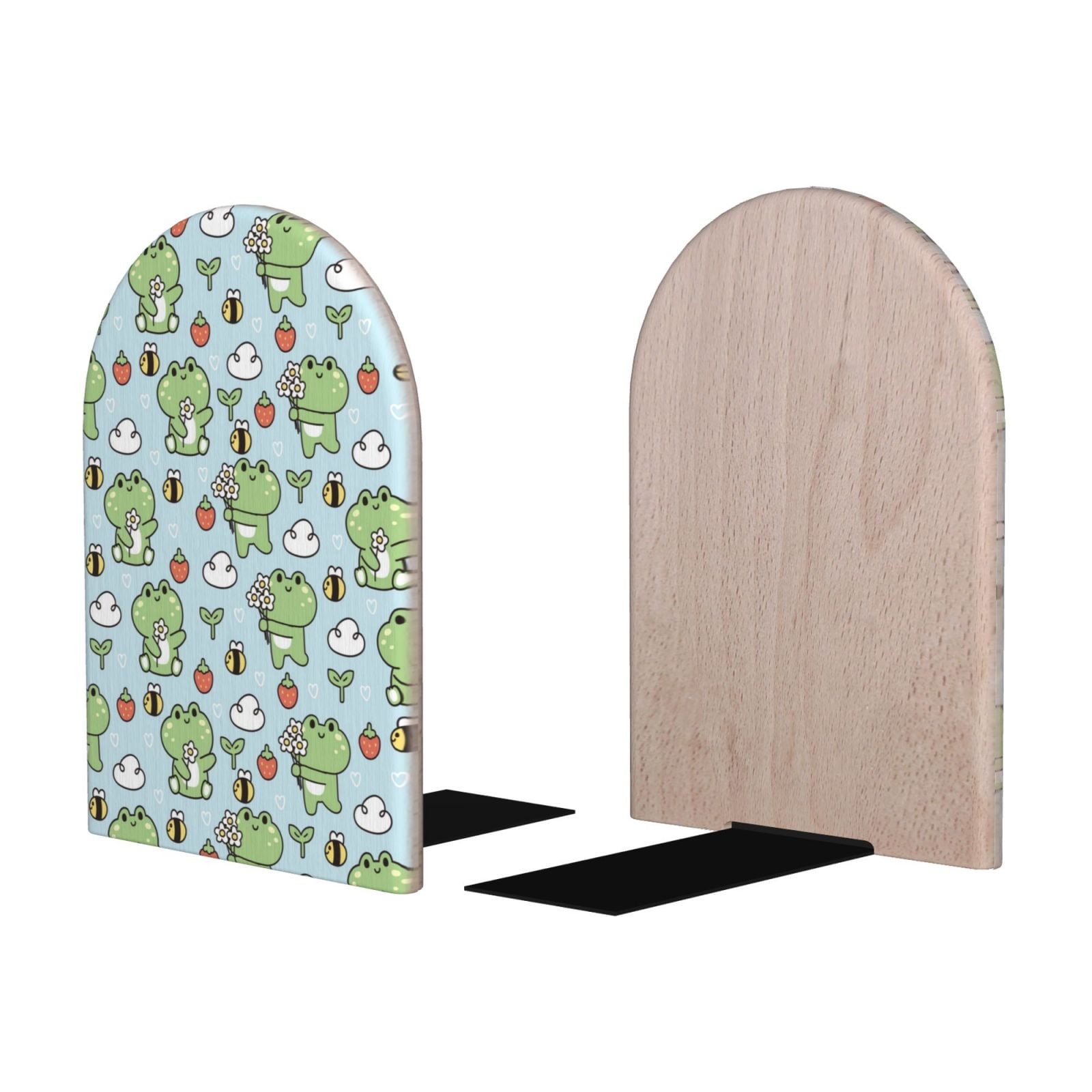Picia Cute Floral Frog Pattern Wood Bookends for Shelves,Non-slip ...