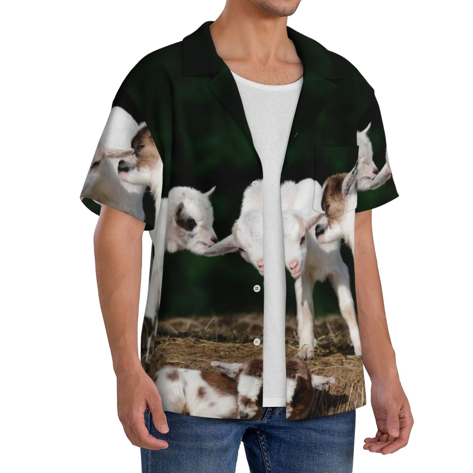 Picia Cute Goat Baby Men's Linen Shirts Short Sleeve Cuban Beach Shirts ...