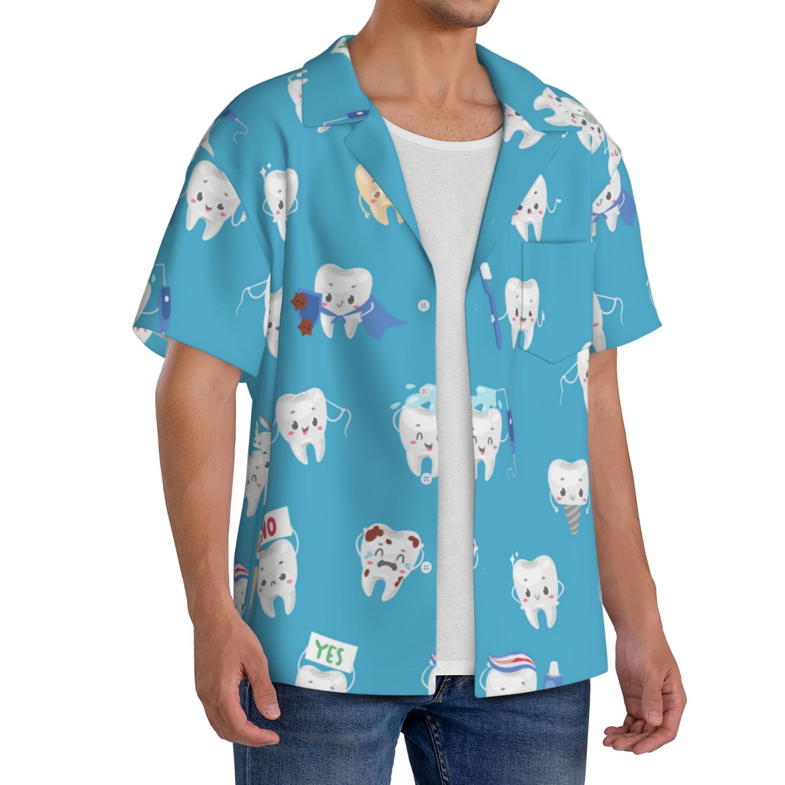 Picia Cute Healthy Teeth Men's Linen Shirts Short Sleeve Cuban Beach ...