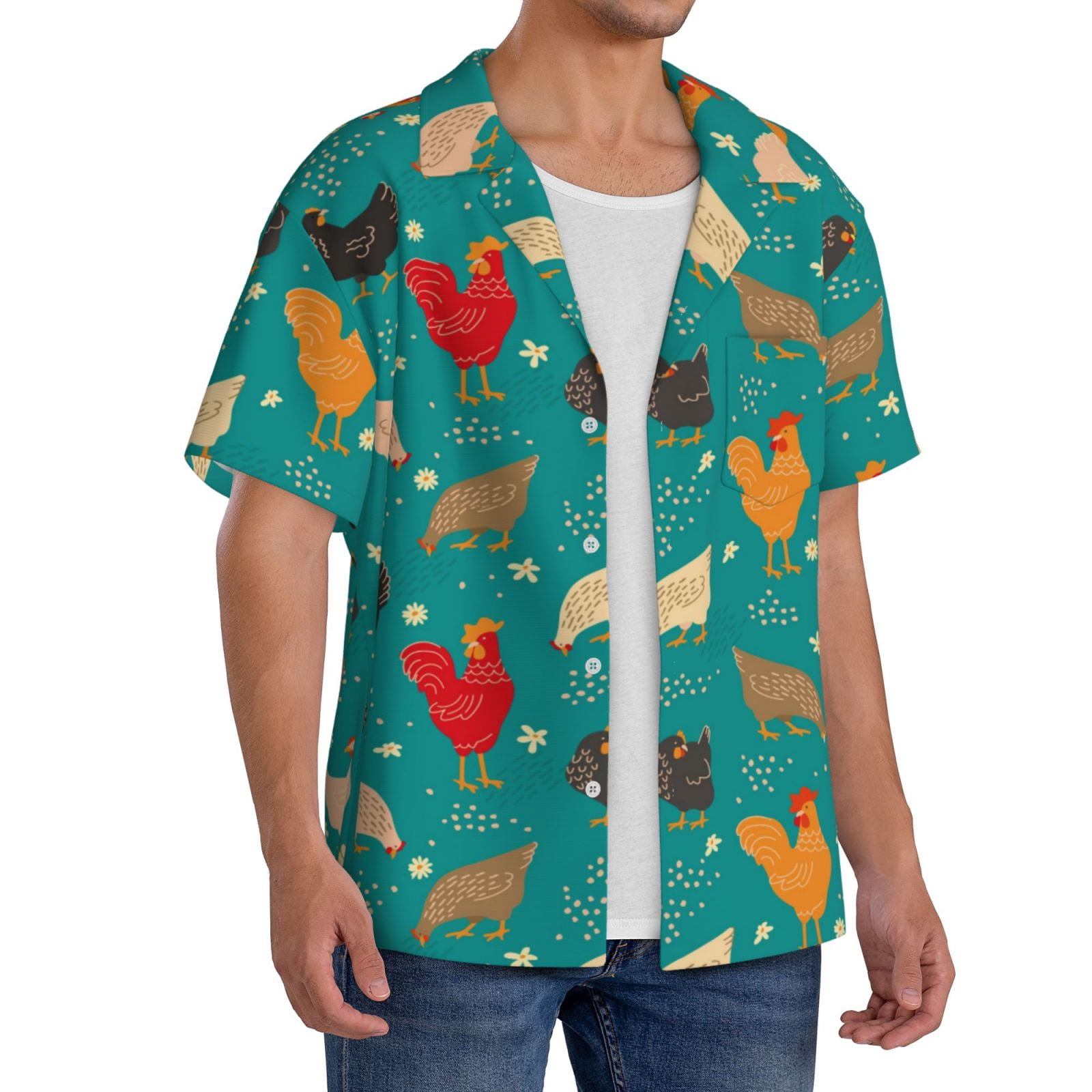 Picia Cute Hens And Rooster Men's Linen Shirts Short Sleeve Cuban Beach ...
