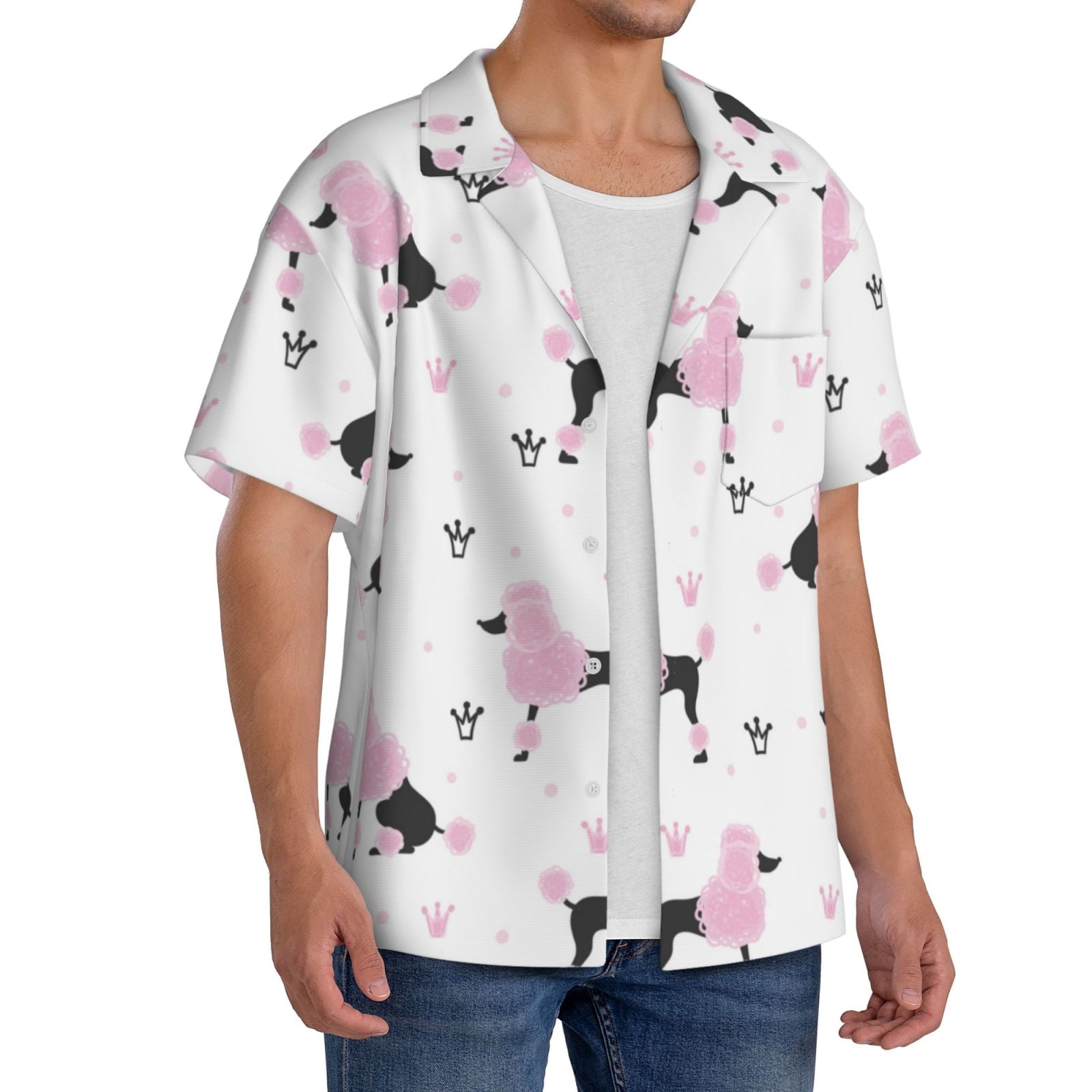 Picia Cute Poodle Dog Men's Linen Shirts Short Sleeve Cuban Beach ...