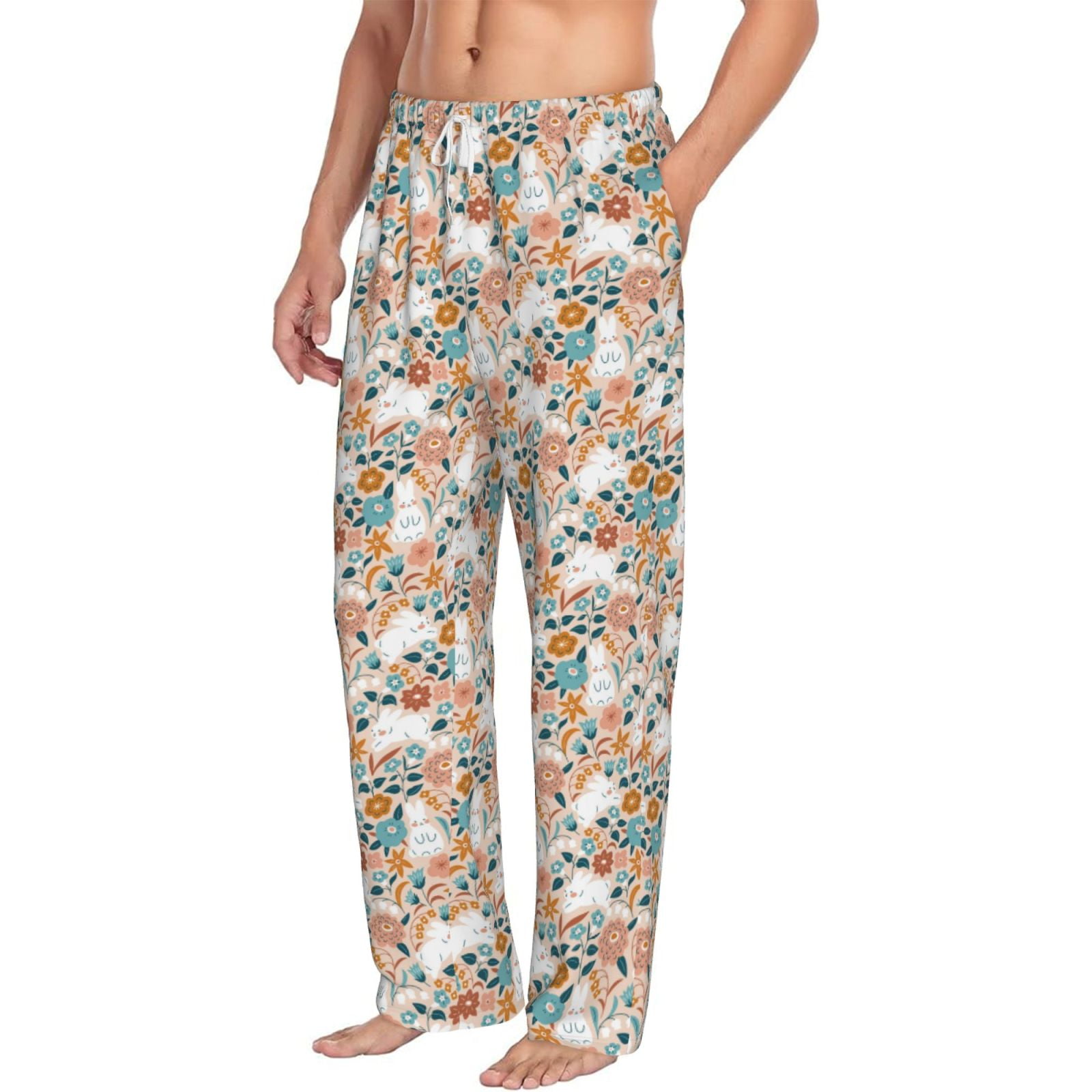 Picia Cute Rabbit Floral Mens Soft Woven Cotton Elastic Waistband Sleep ...