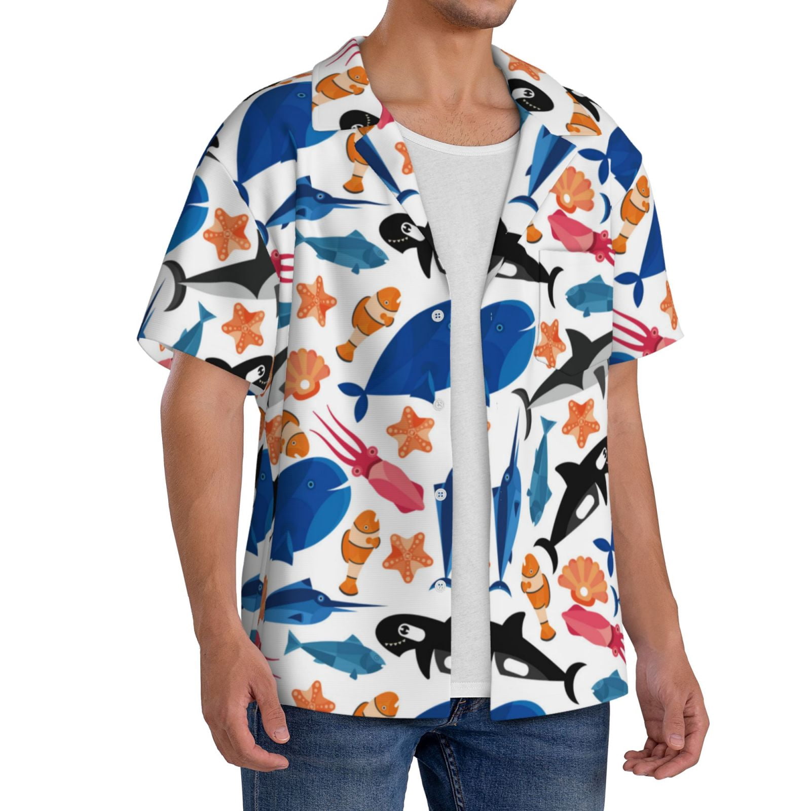 Picia Cute Sea Animals Men's Linen Shirts Short Sleeve Cuban Beach ...