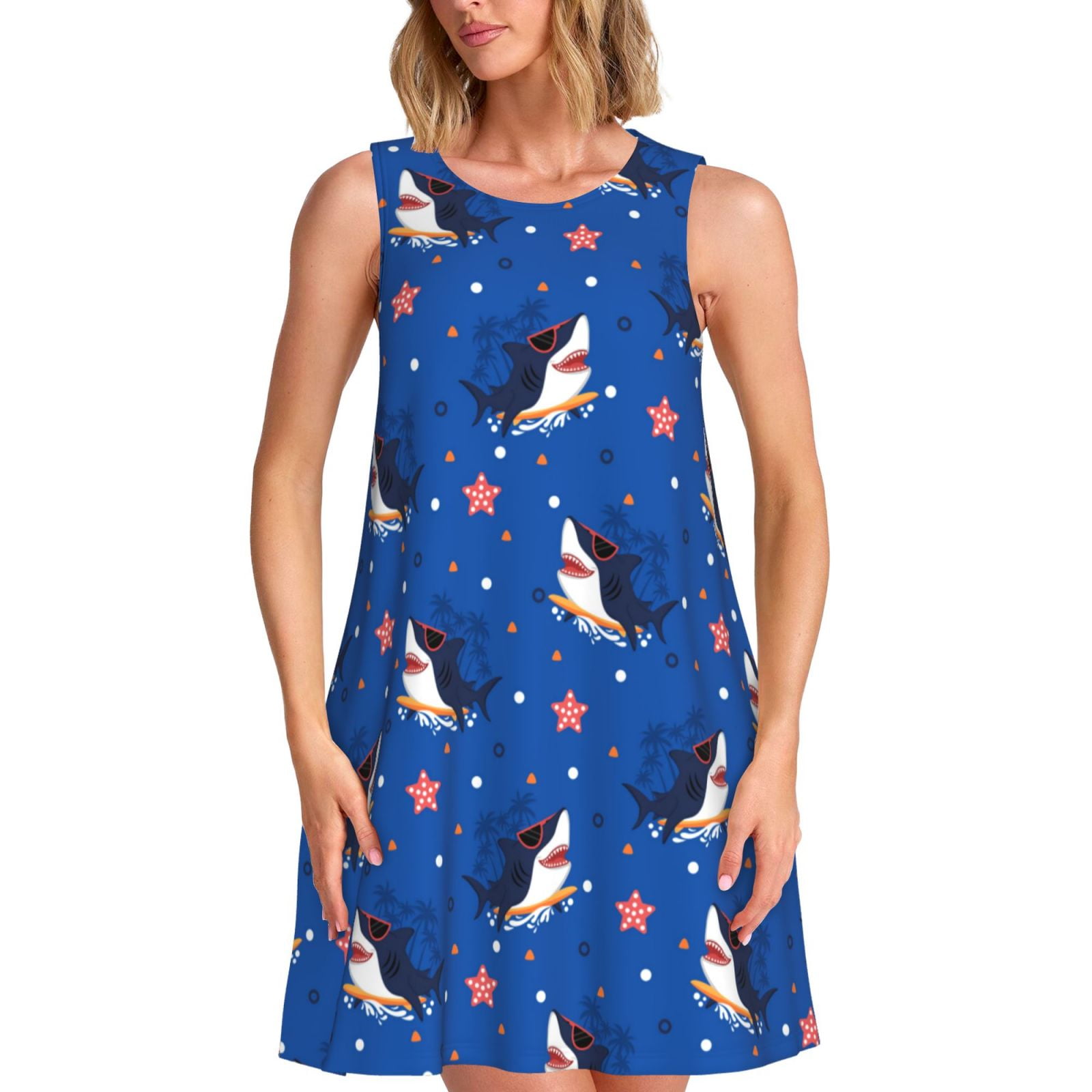 Picia Cute Shark Cartoon Print Women’s Sleeveless Midi Swing Dress – A ...