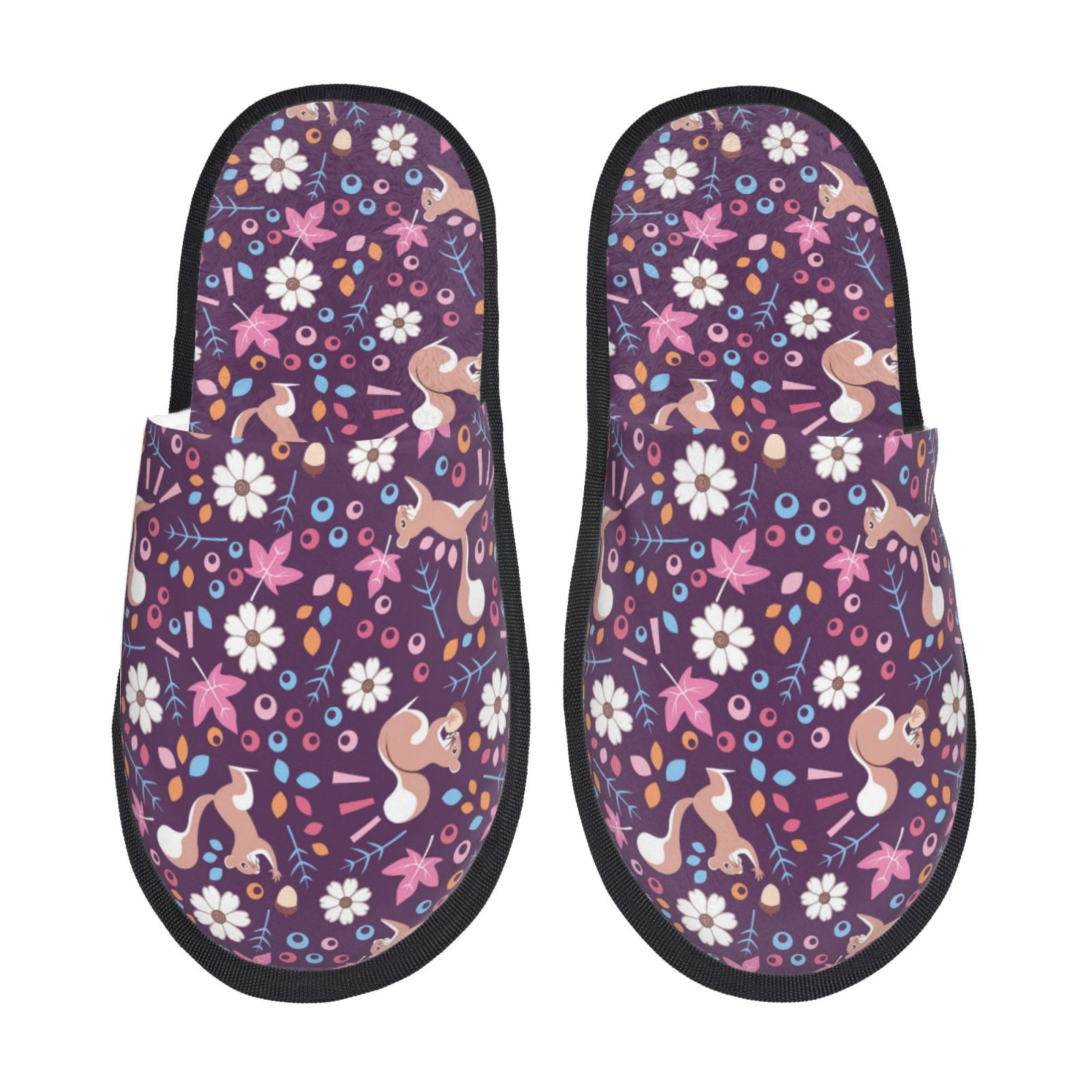 Picia Cute Squirrel Floral Print Women's Fuzzy Fluffy House Slippers ...