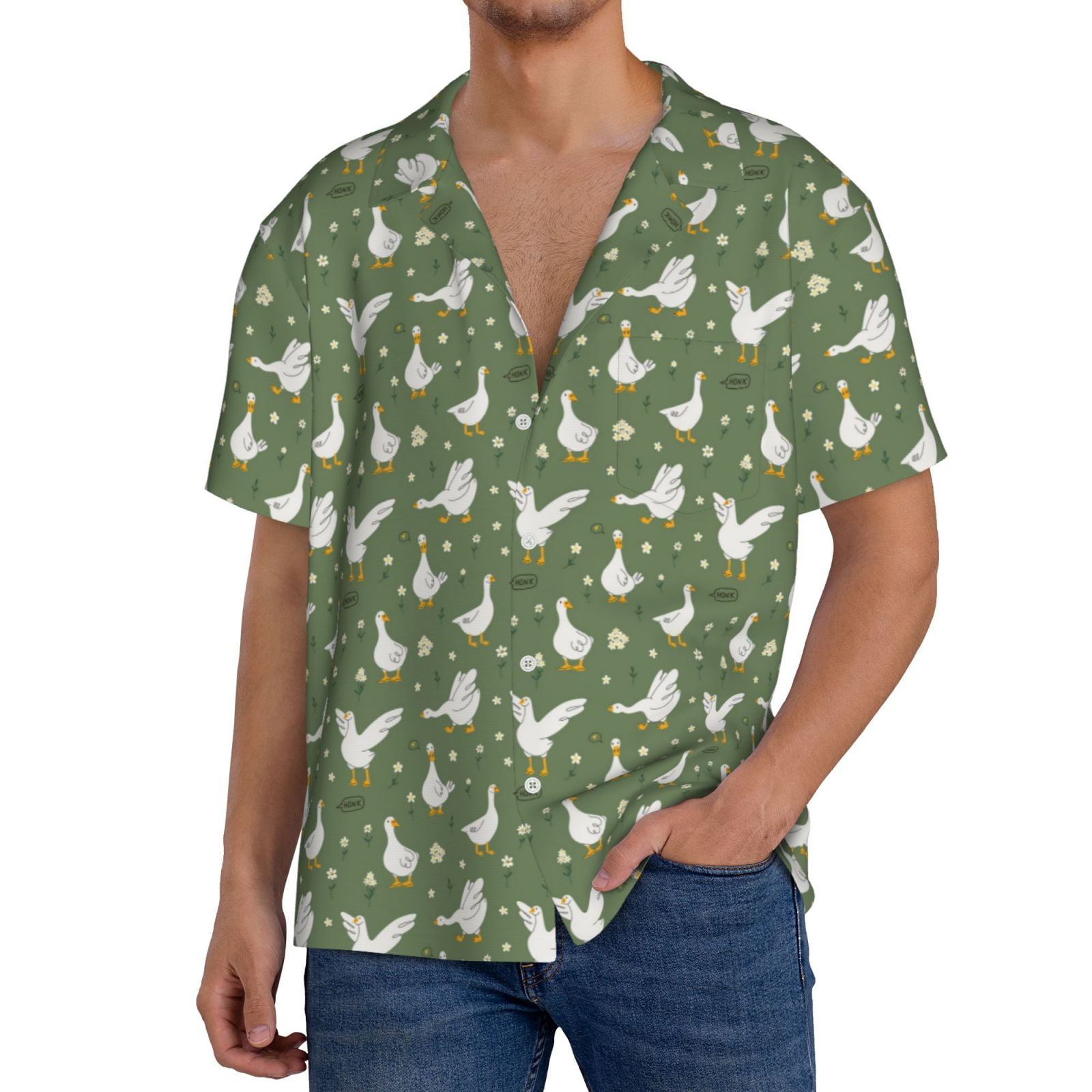 Picia Cute goose Pattern Men's Linen Shirts Short Sleeve Cuban Beach ...
