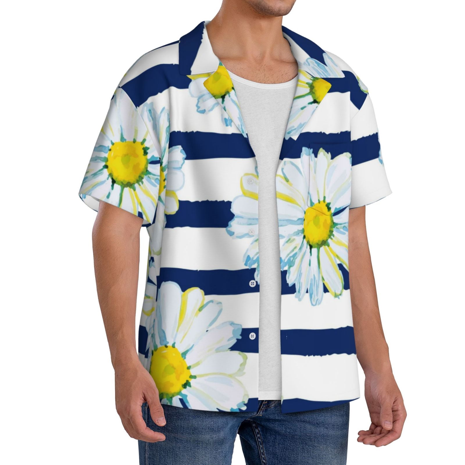 Picia Daisy Striped Nautical Men's Linen Shirts Short Sleeve Cuban ...