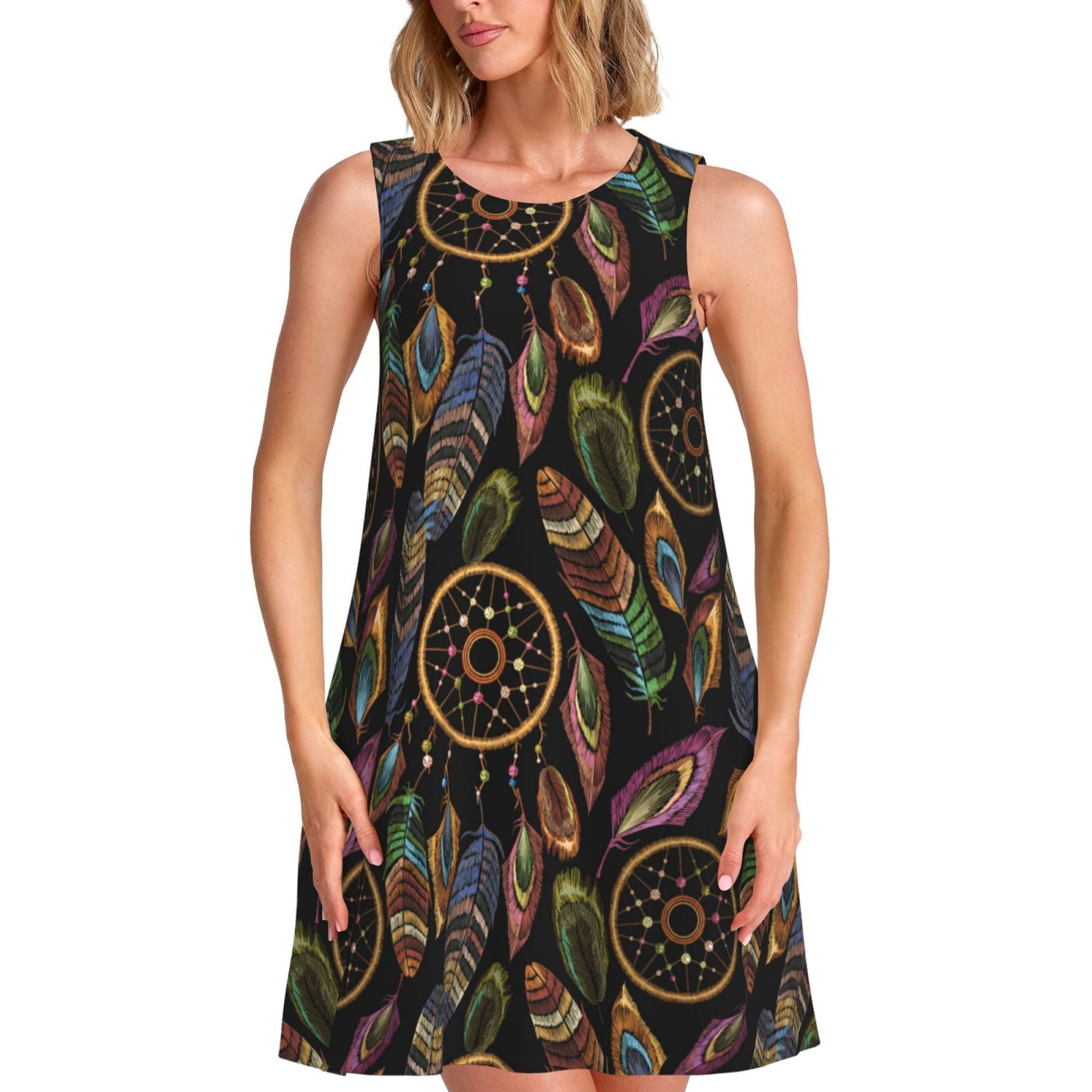 Picia Decorative Feathers Print Women’s Sleeveless Midi Swing Dress – A ...