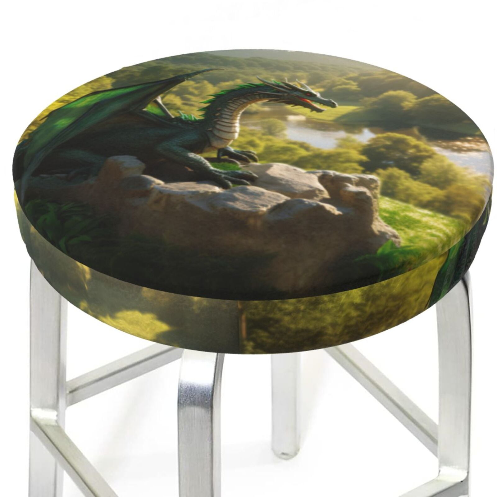 Picia Deep Forest Stone Green Dragon pattern Round Stool Covers Comfy ...