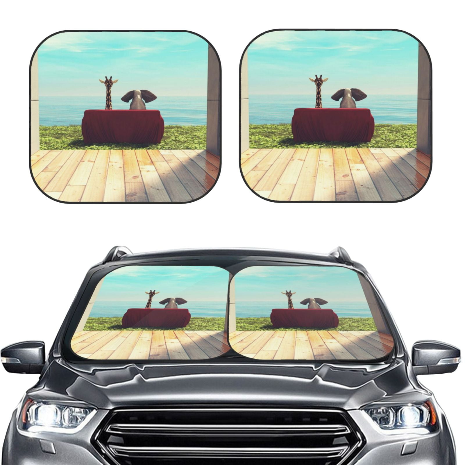 Picia Elehpant And A Giraffe Looking At The Sea 2 Piece Car Windshield ...