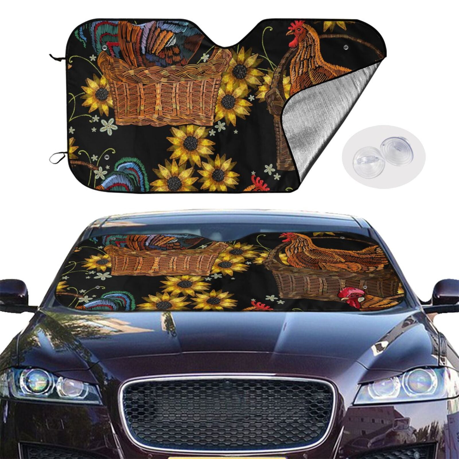 Picia Embroidery Chicken Rooster Curved Windshield Sunshade Accordion ...
