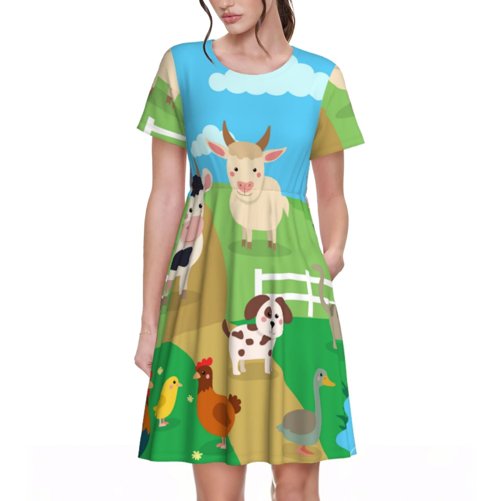 Picia Farm Animals Pattern Women's Short Sleeve Summer Dress Pleated ...