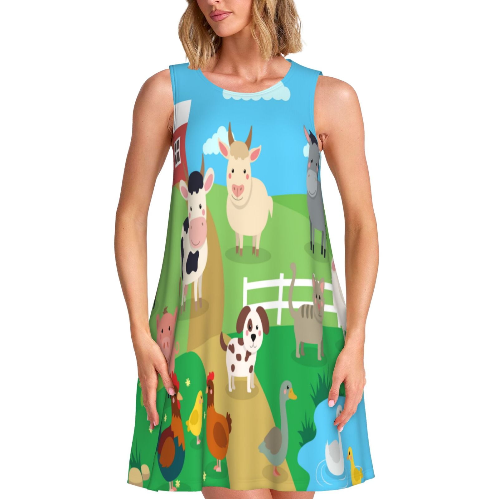 Picia Farm Animals Print Women’s Sleeveless Midi Swing Dress – A-Line ...