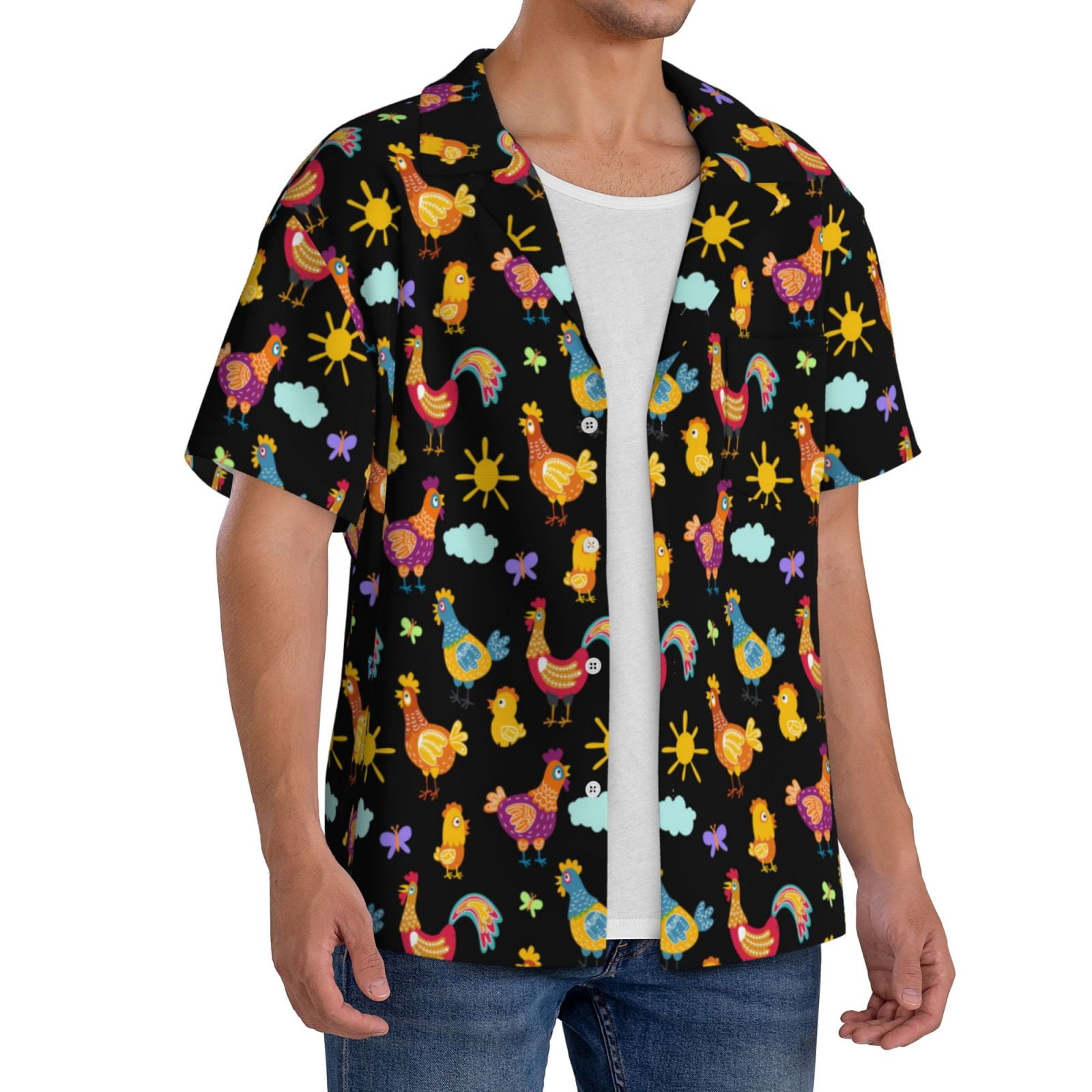 Picia Flowe Rooster Men's Linen Shirts Short Sleeve Cuban Beach Shirts ...