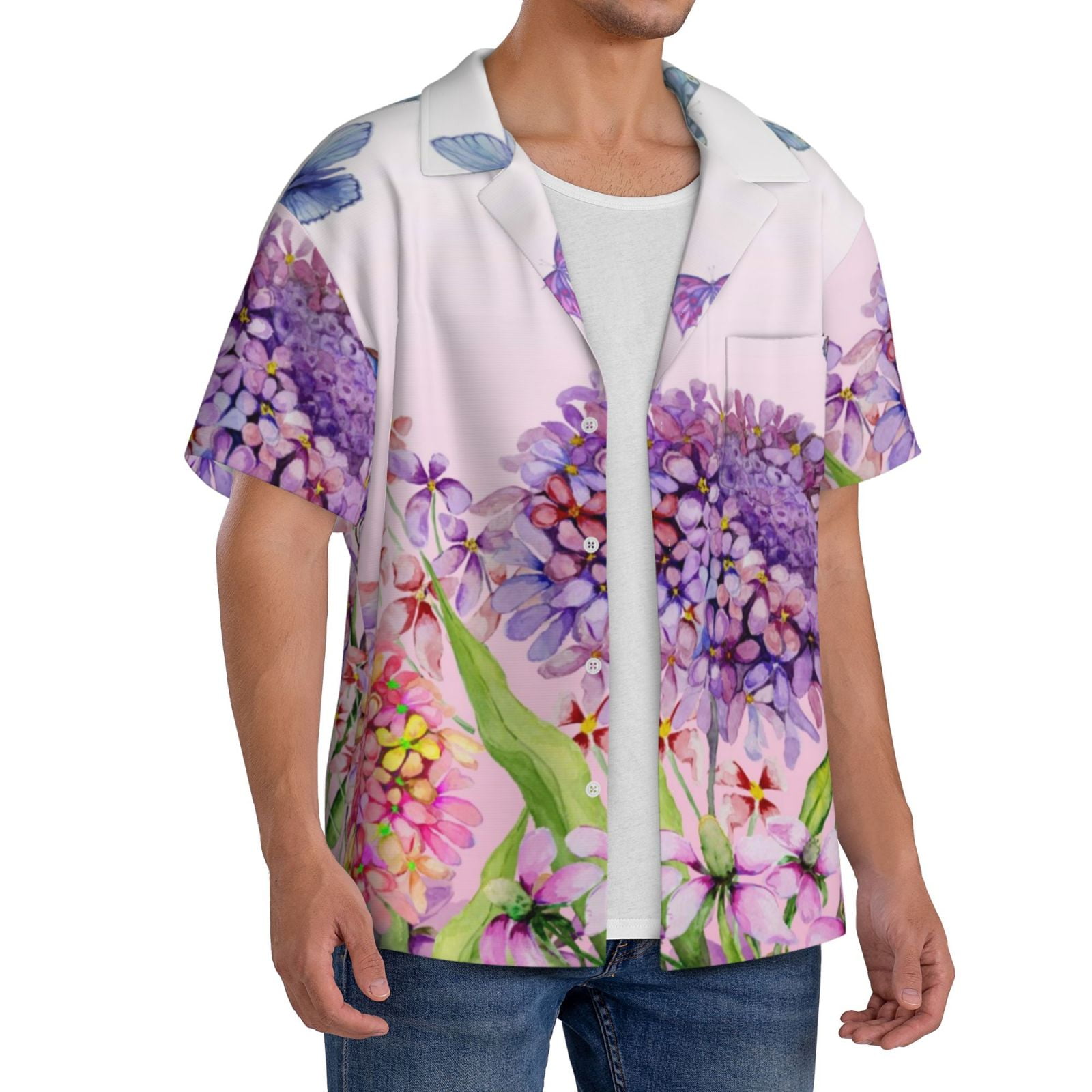 Picia Flowers And Colorful Butterflies Men's Linen Shirts Short Sleeve ...