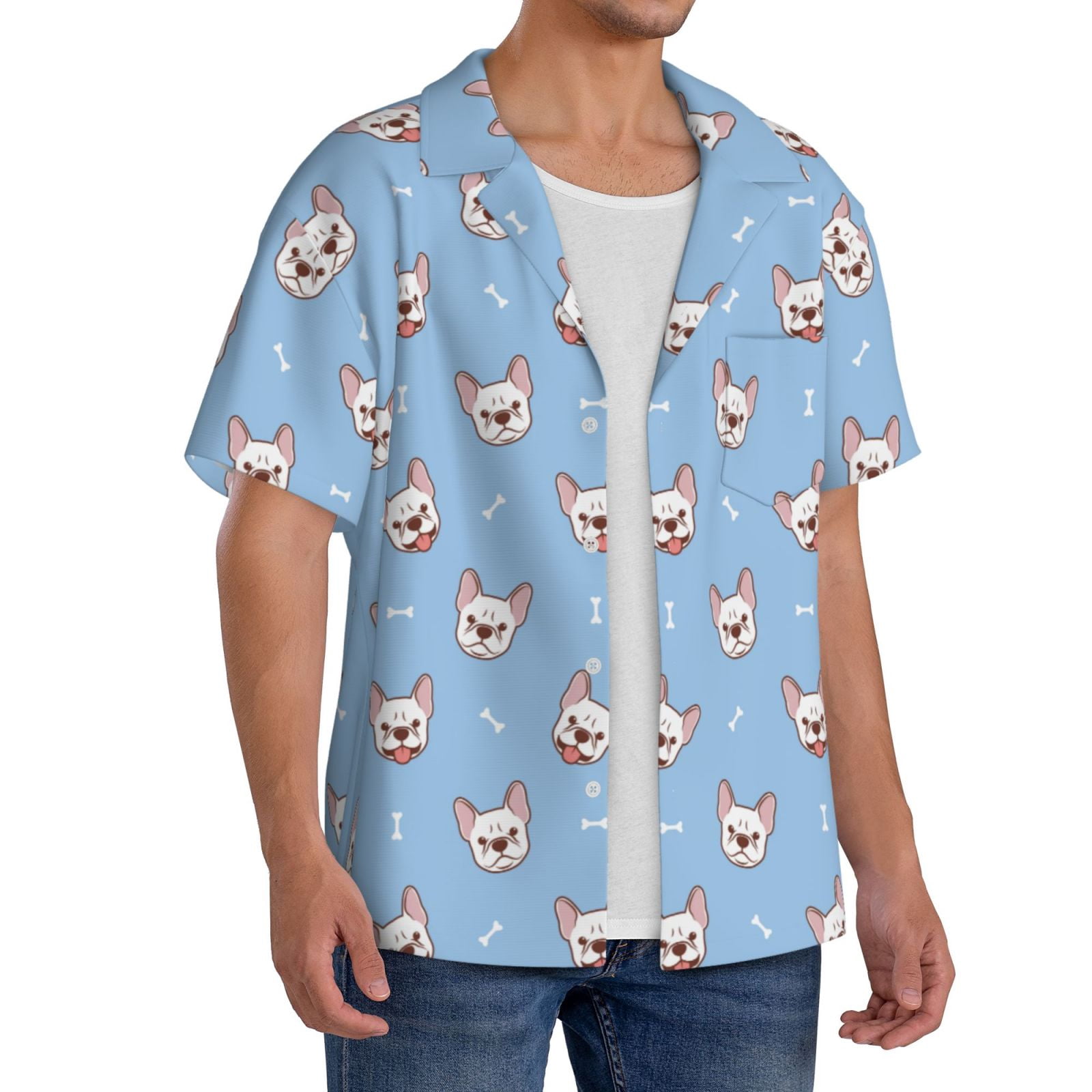 Picia French Bulldog Head Men's Linen Shirts Short Sleeve Cuban Beach ...