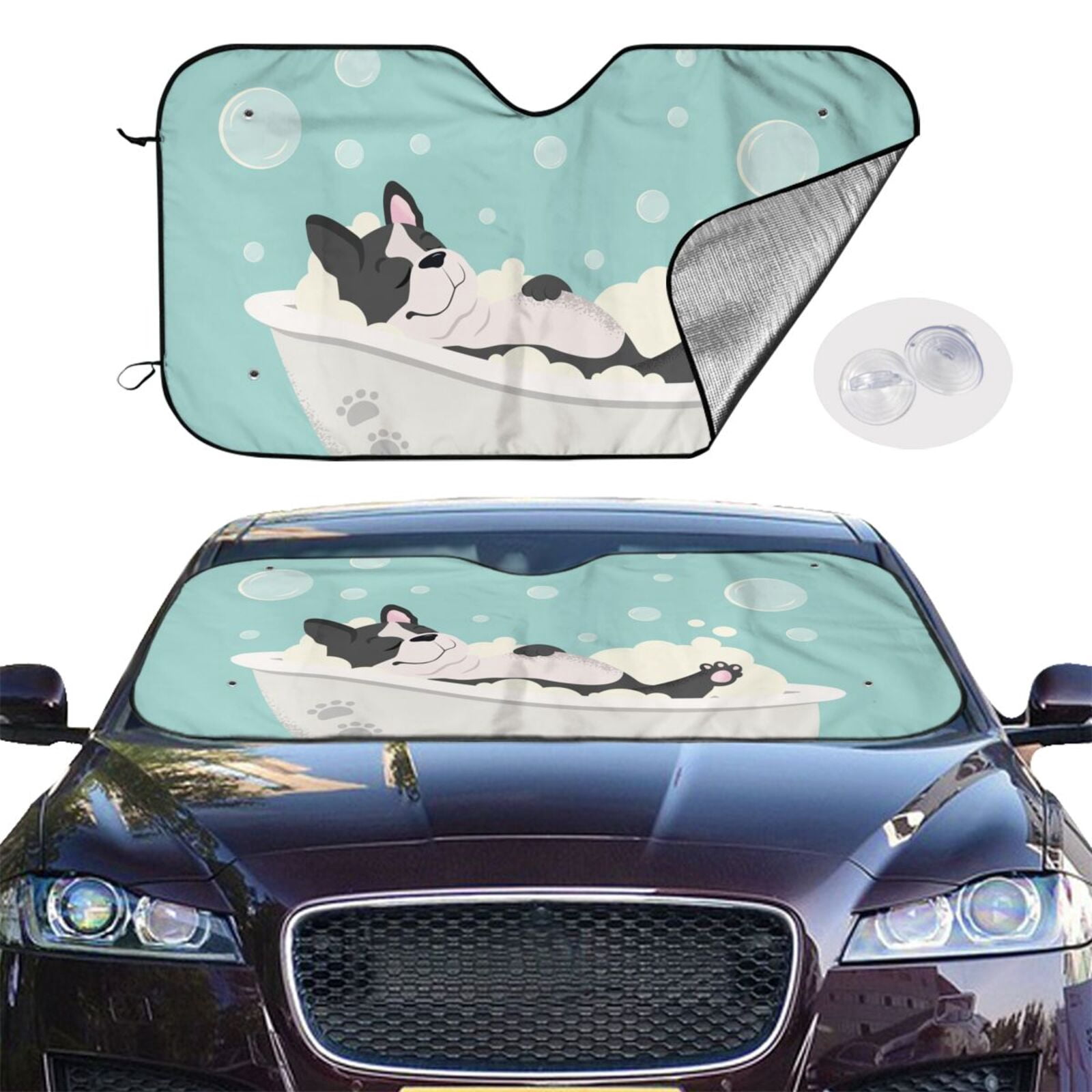 Picia French Bulldog Taking a Bath Curved Windshield Sunshade Accordion ...