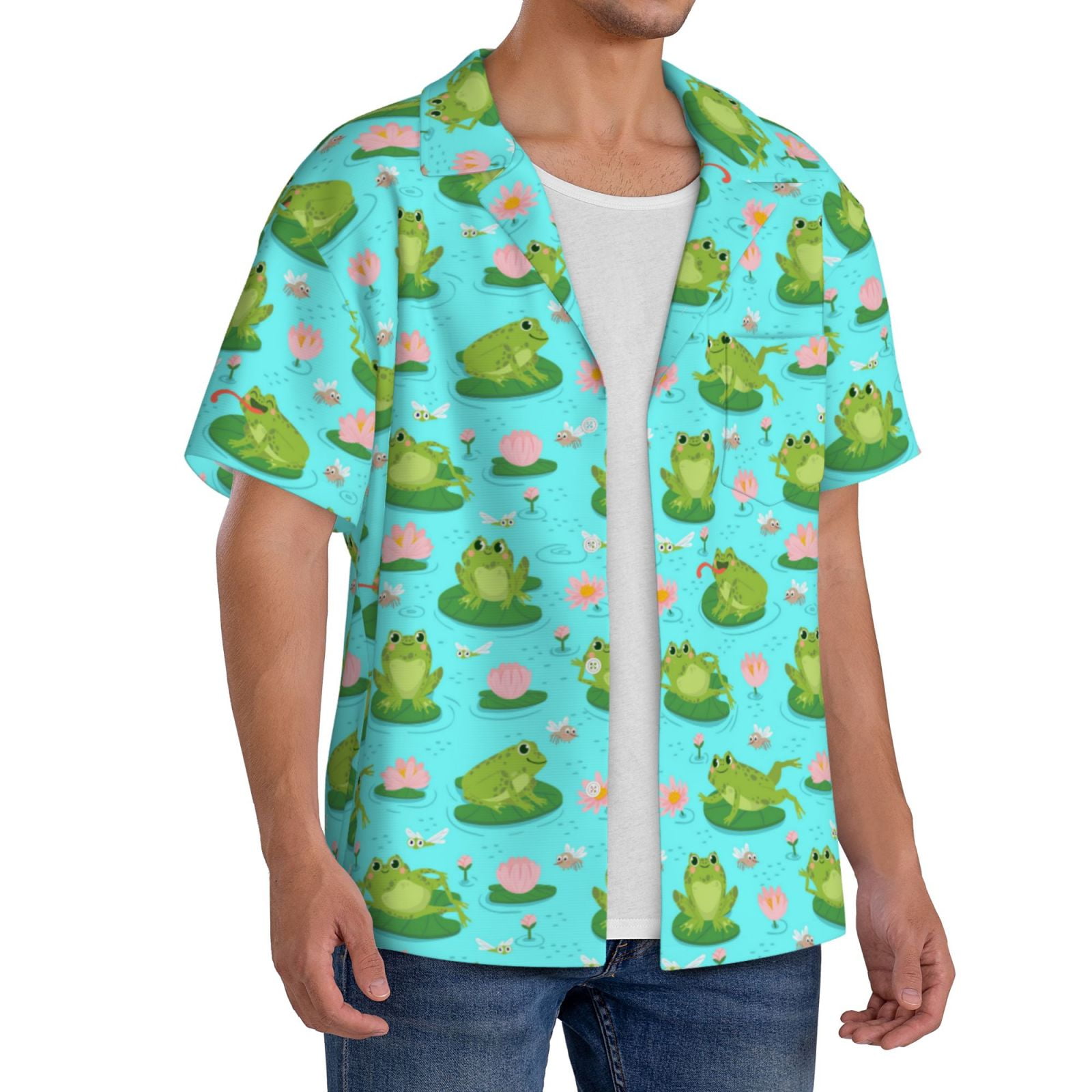 Picia Frogs And Aquatic Plants Men's Linen Shirts Short Sleeve Cuban ...