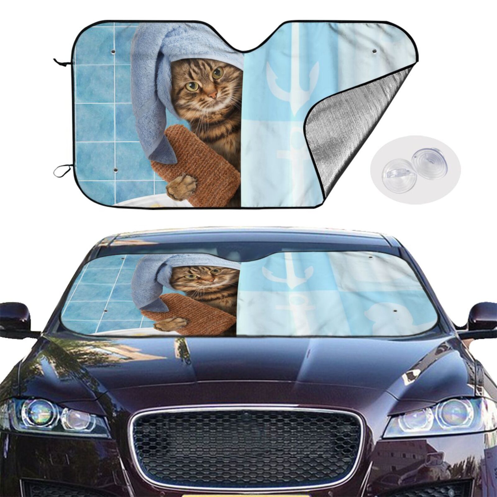 Picia Funny Cat Taking a Bath Curved Windshield Sunshade Accordion ...