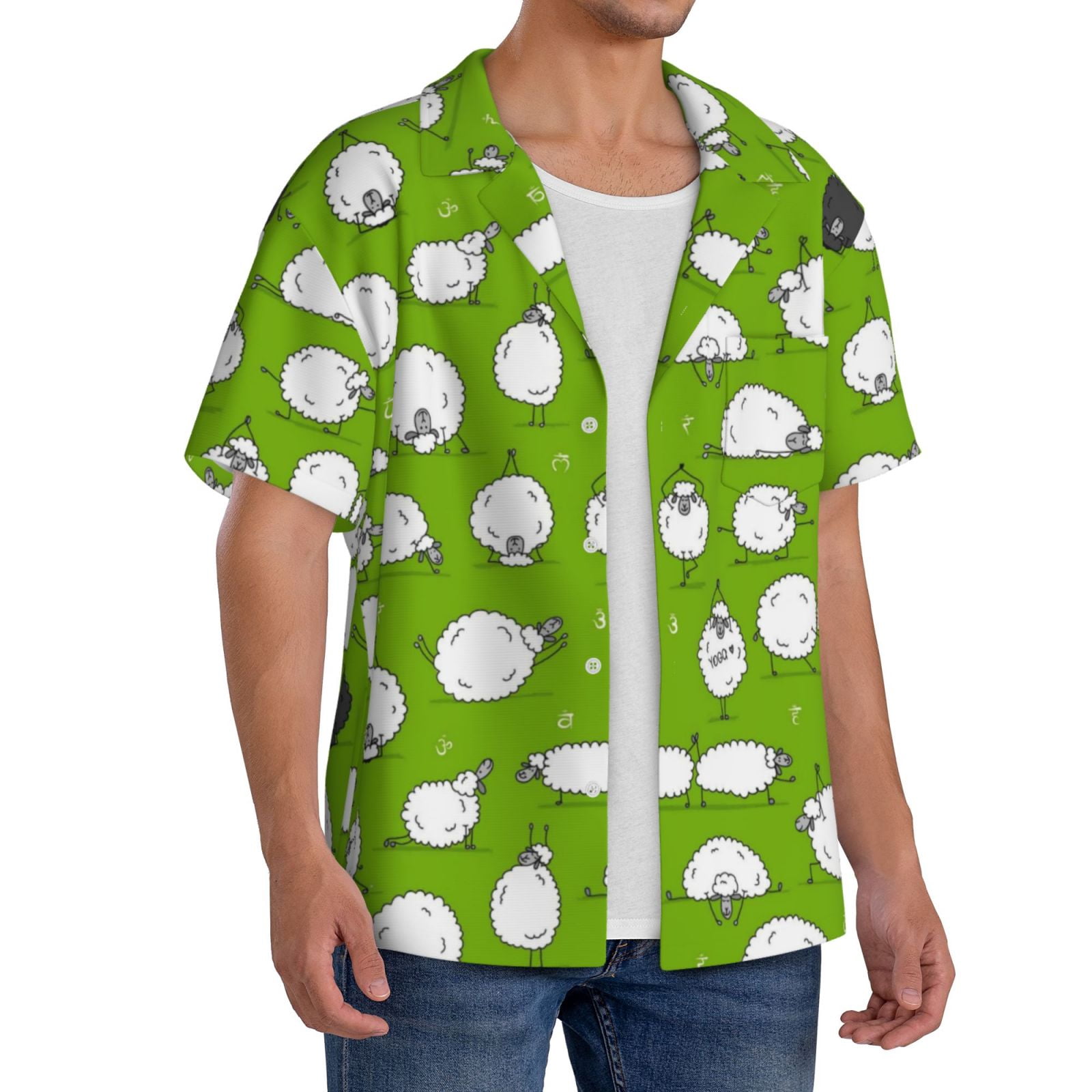 Picia Funny Sheep Doing Yoga Men's Linen Shirts Short Sleeve Cuban ...