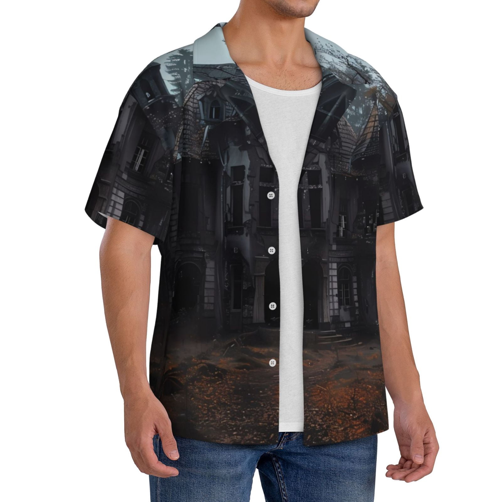 Picia Gloomy Mansion Forest Scene Men's Linen Shirts Short Sleeve Cuban ...
