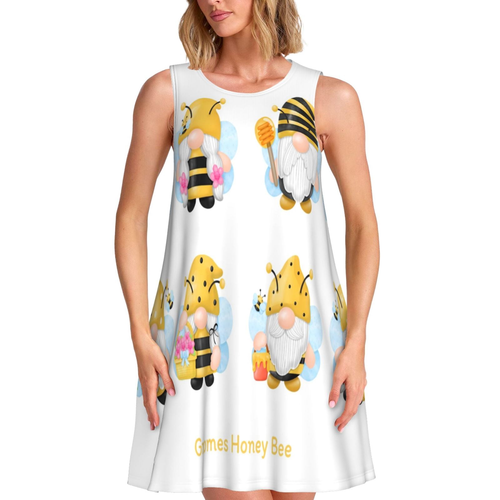 Picia Gnomes Honey Bee Print Women’s Sleeveless Midi Swing Dress – A ...
