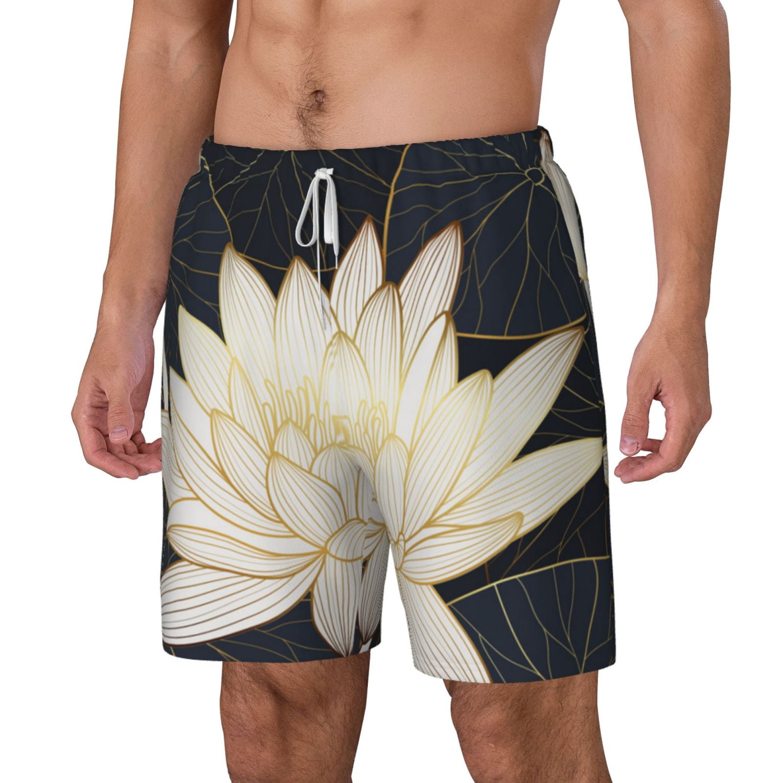 Picia Golden Lotus pattern Mens Swim Trunks with Compression Liner ...