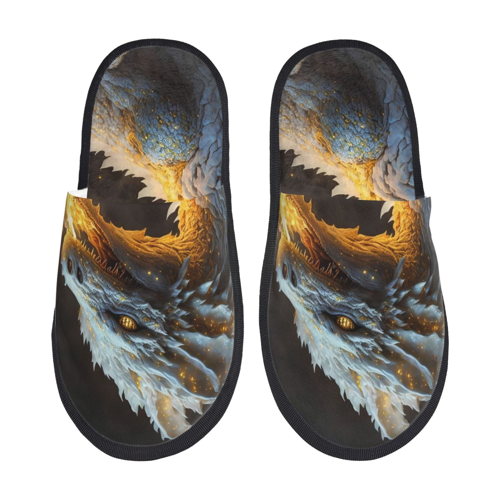 Picia Golden White Fire Dragon Print Women's Fuzzy Fluffy House ...